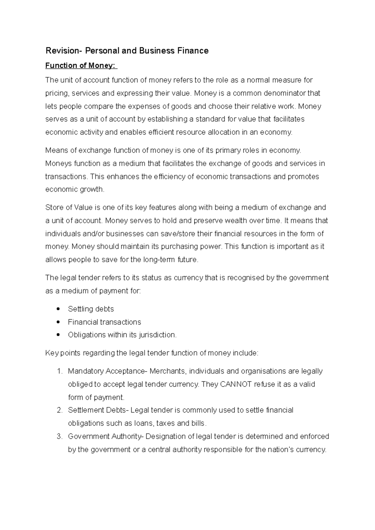 Revision - Notes - Revision- Personal and Business Finance Function of ...