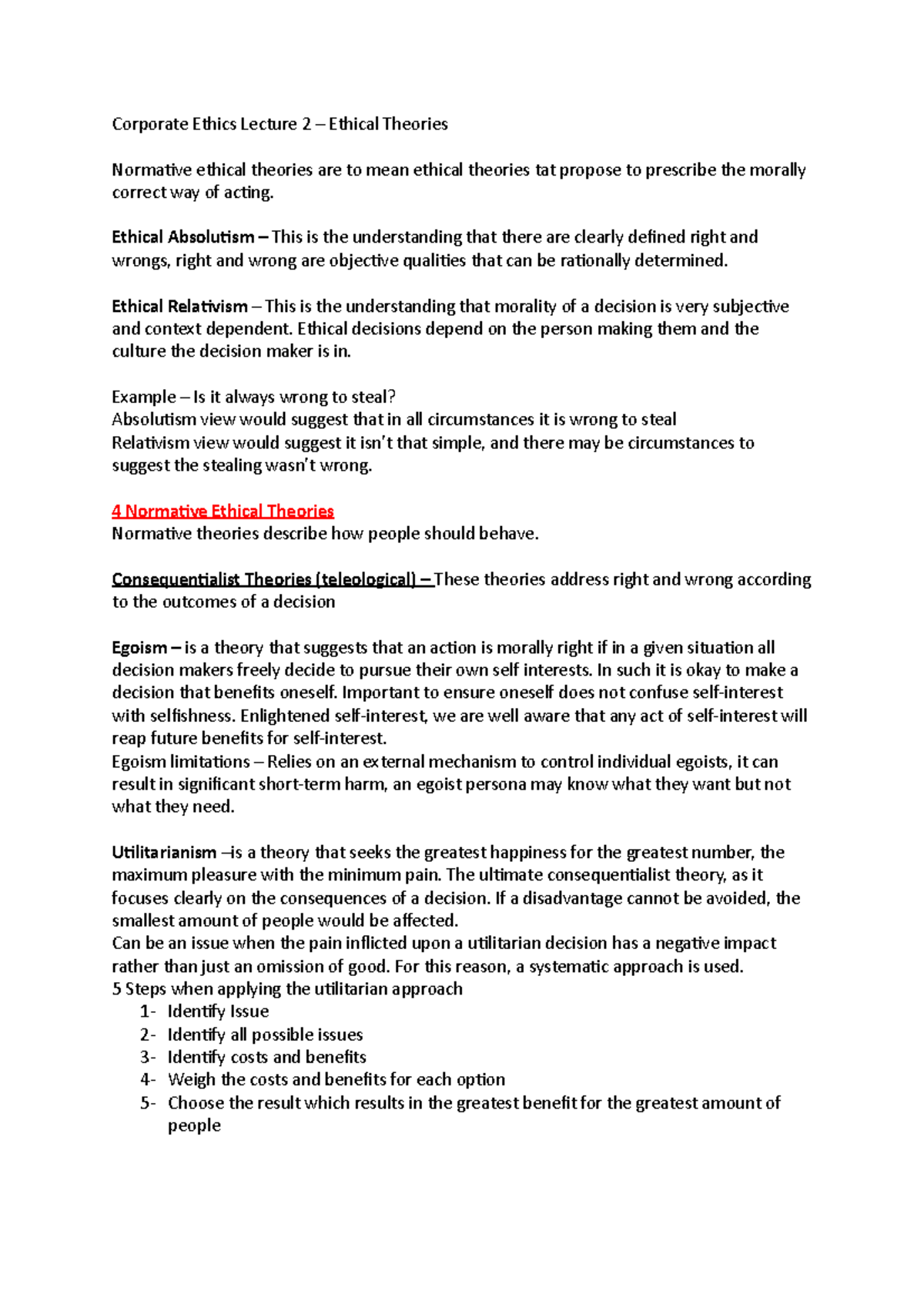 Lecture 2 - Ethical Theories Notes - Corporate Ethics Lecture 2 ...