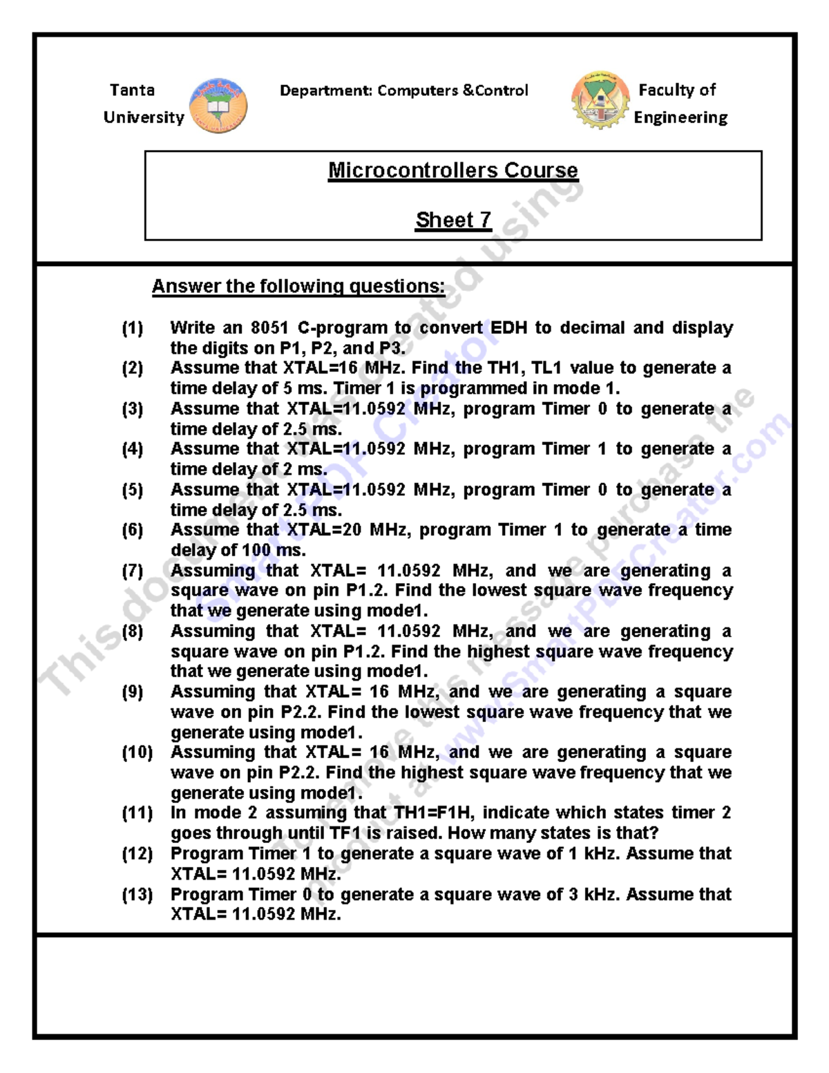 Sheet 7 micro - Ta nta De partment:Co mputers&Control Facultyof Un iver ...