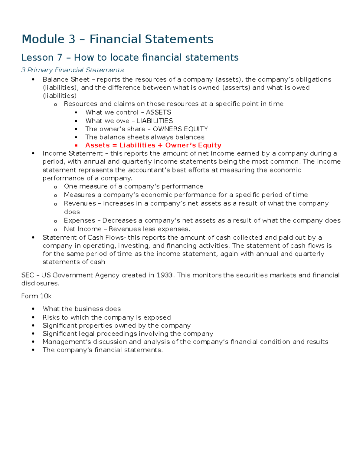 Notes (v2) - Module 3 – Financial Statements Lesson 7 – How to locate ...