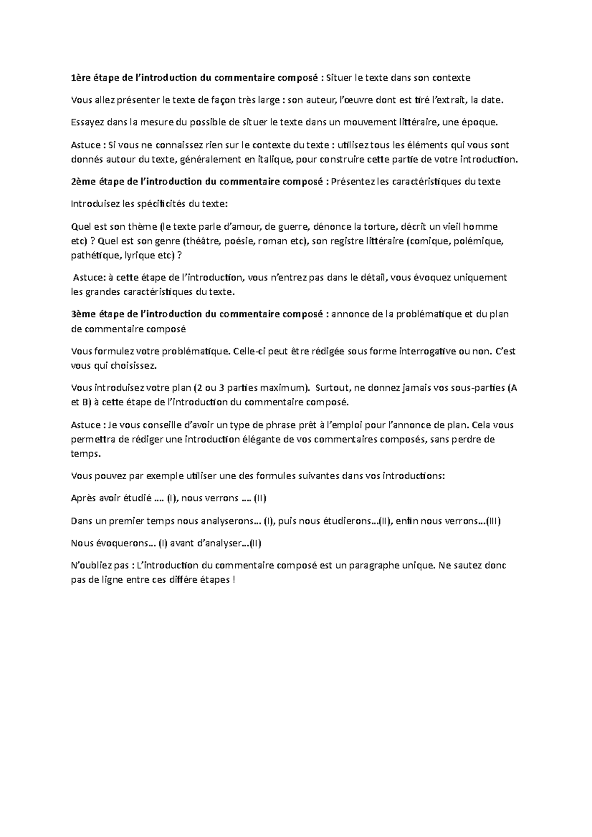 Commentaire Introduction - 1ère étape de l’introduction du commentaire ...