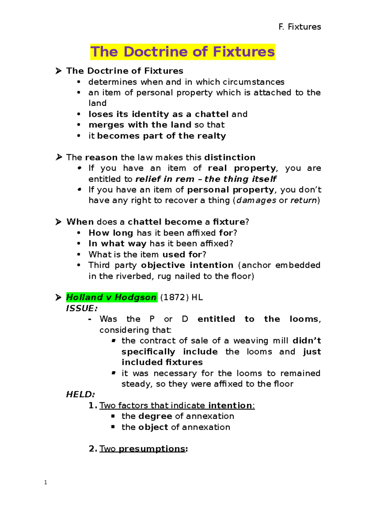 F. Fixtures - Property LAWS4104 - The Doctrine of Fixtures The Doctrine ...