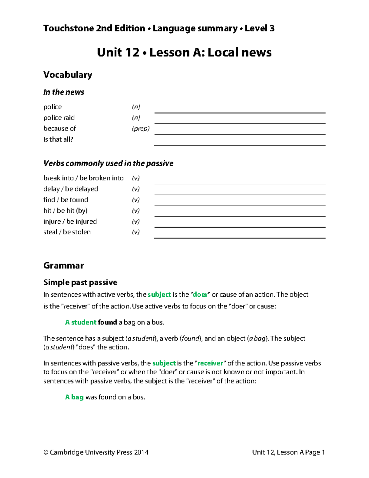 TS2e L3 U12 LA Langsum - Touchstone 2nd Edition • Language summary • Level 3 Unit 12 • Lesson A ...