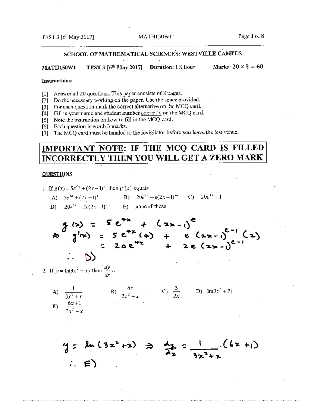Test 3 May 2017, questions and answers - MATH150 - Studocu