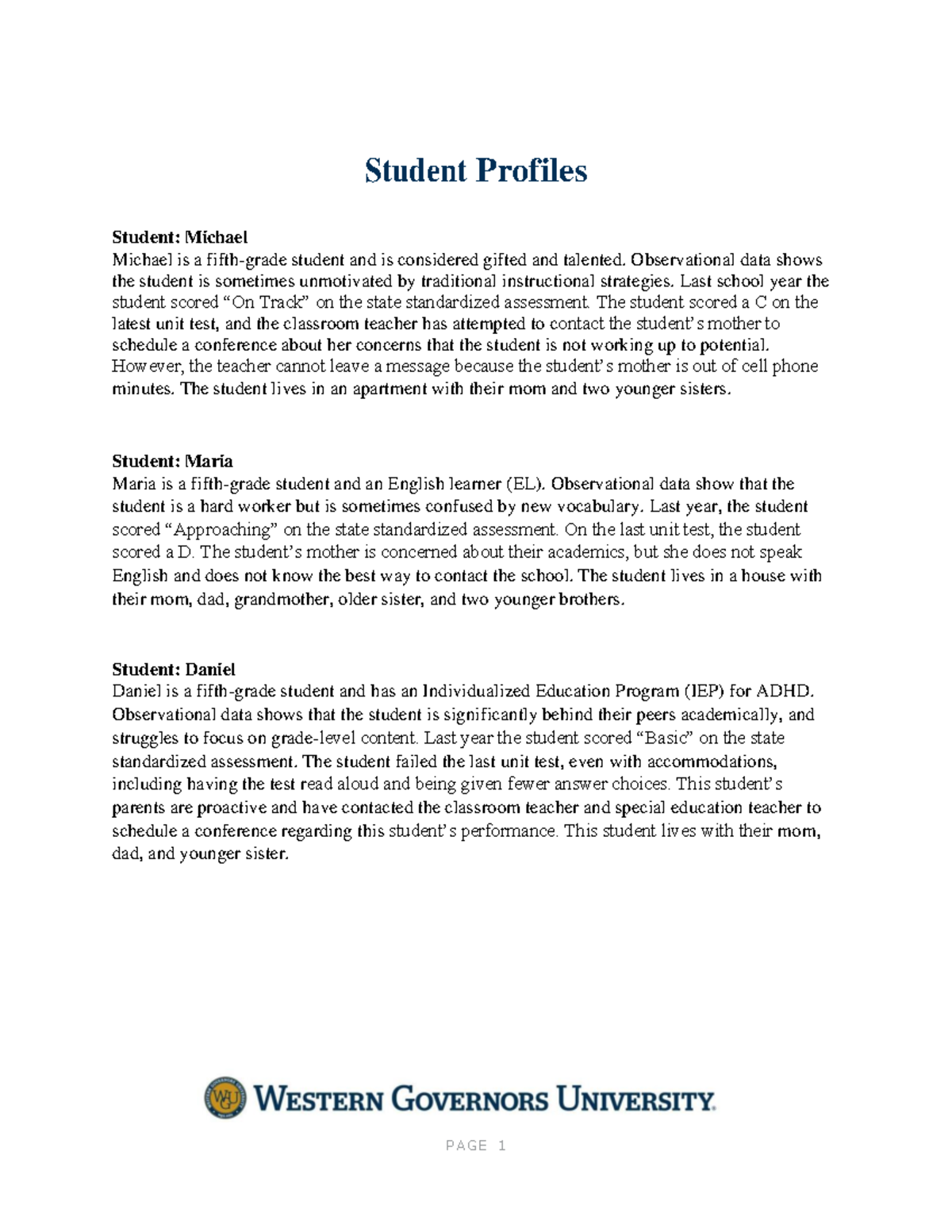 Student Profiles - Handout - Student Profiles Student: Michael Michael ...
