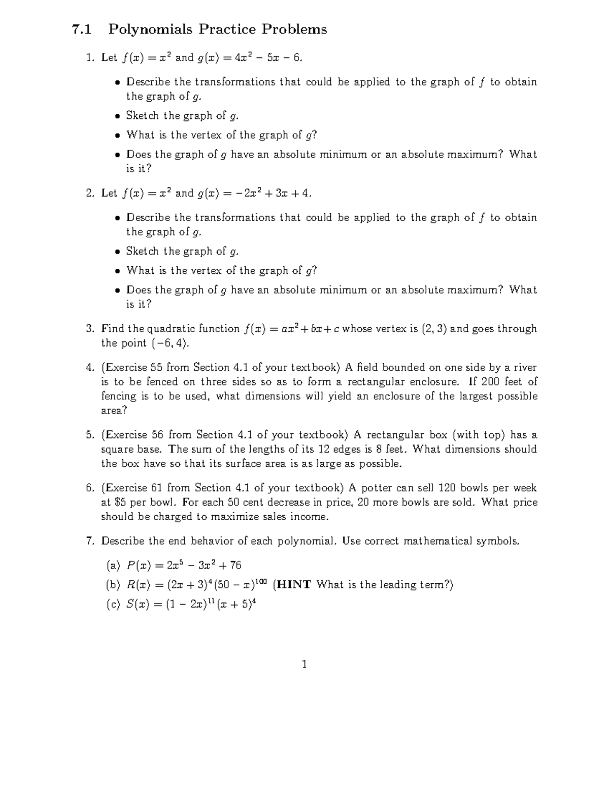 11 polynomials worksheet - 7 Polynomials Practice Problems Letf(x) =x 2 ...