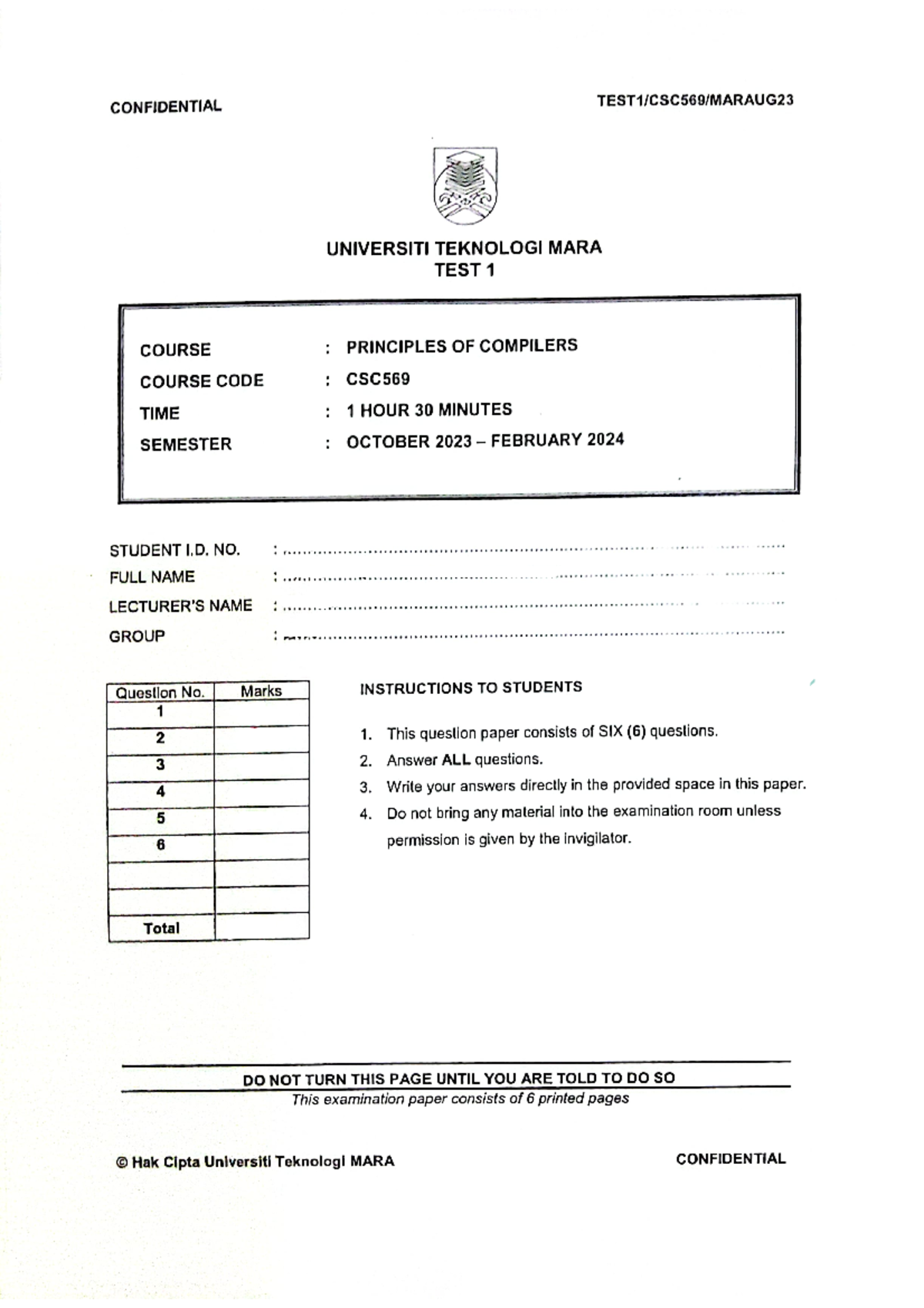 CSC569 Test1 Oct2023-Feb2024 - principles of compiler - Studocu