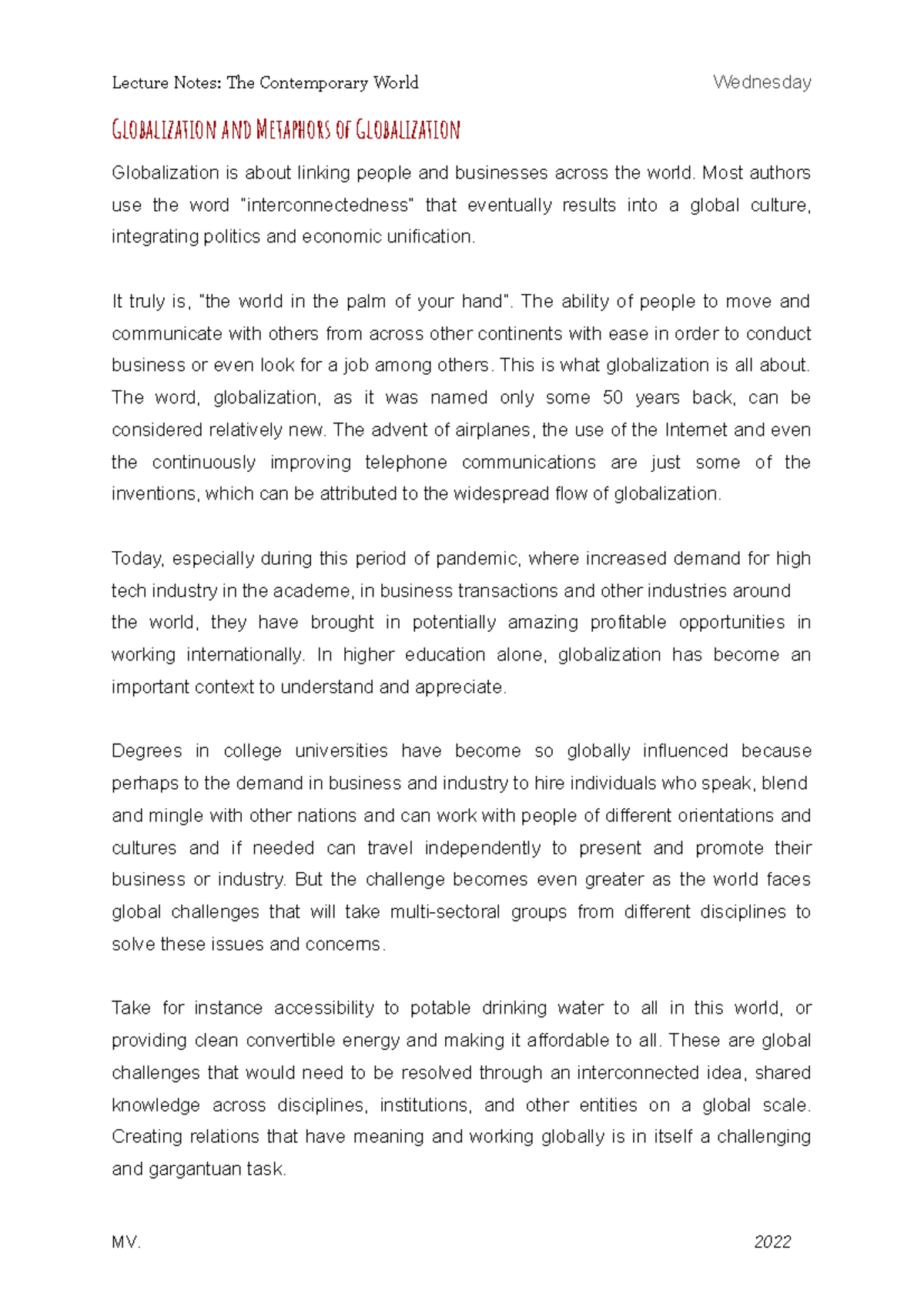 The Contemporary World(Week1-3 Lecture Notes) - Globalization and ...