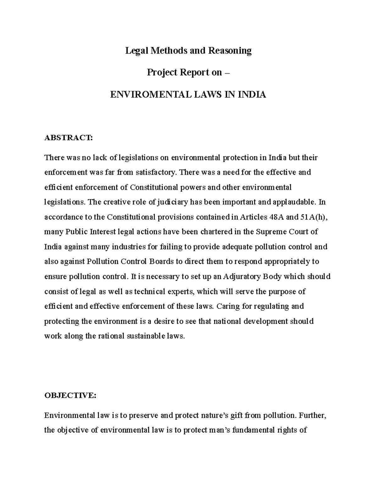 Enviromental LAWS IN India - Legal Methods and Reasoning Project Report ...