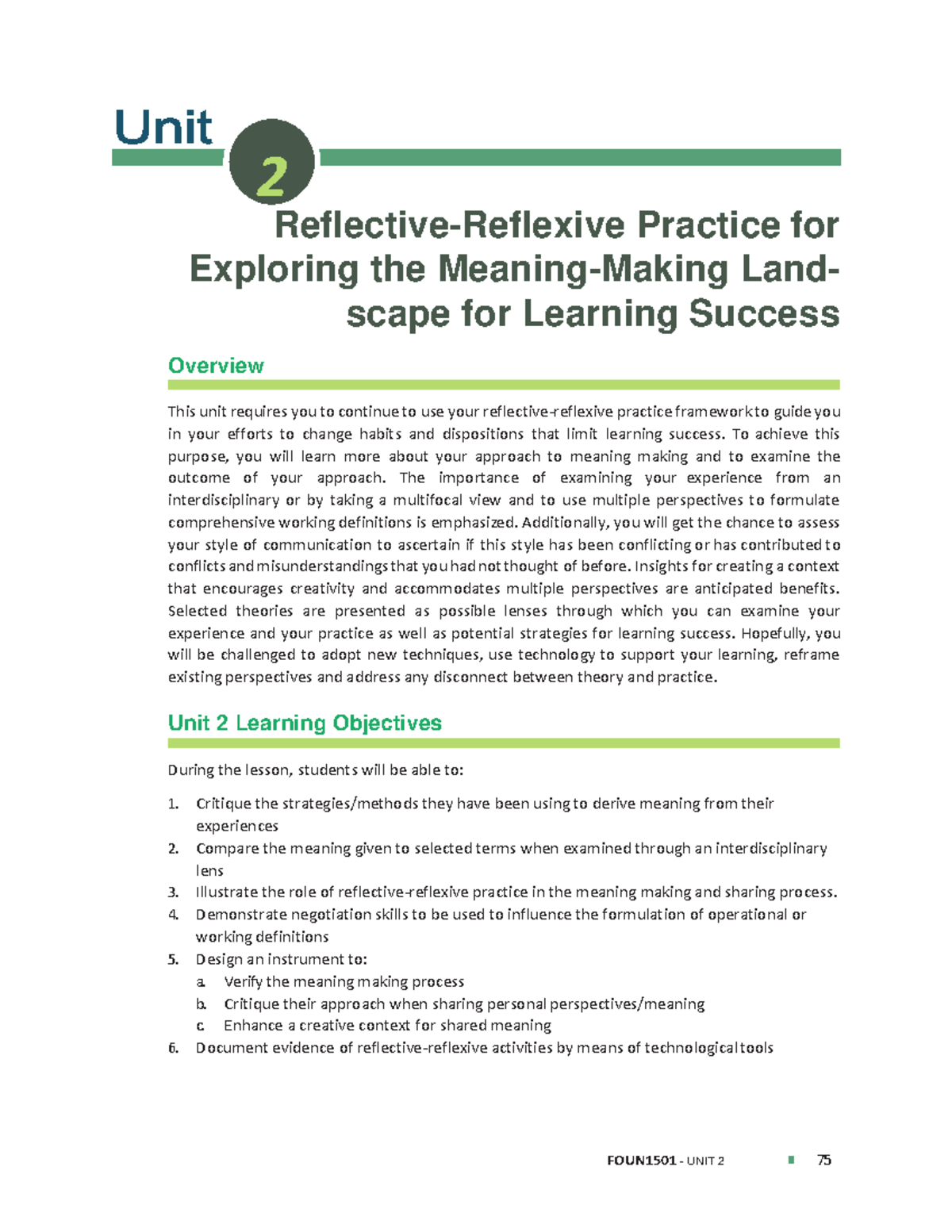 FOUN1501 UNIT 2- Final 2 - FOUN1501 - UNIT 2 75 Reflective-Reflexive ...