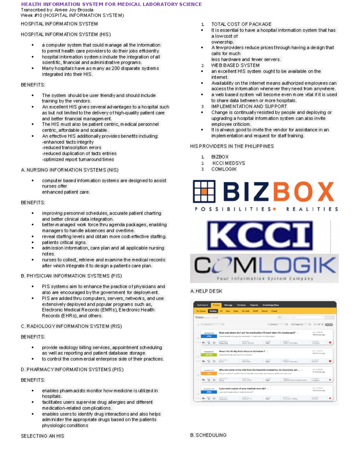 Hospital Information System - Transcribed by: Aimee Joy Brosola Week ...