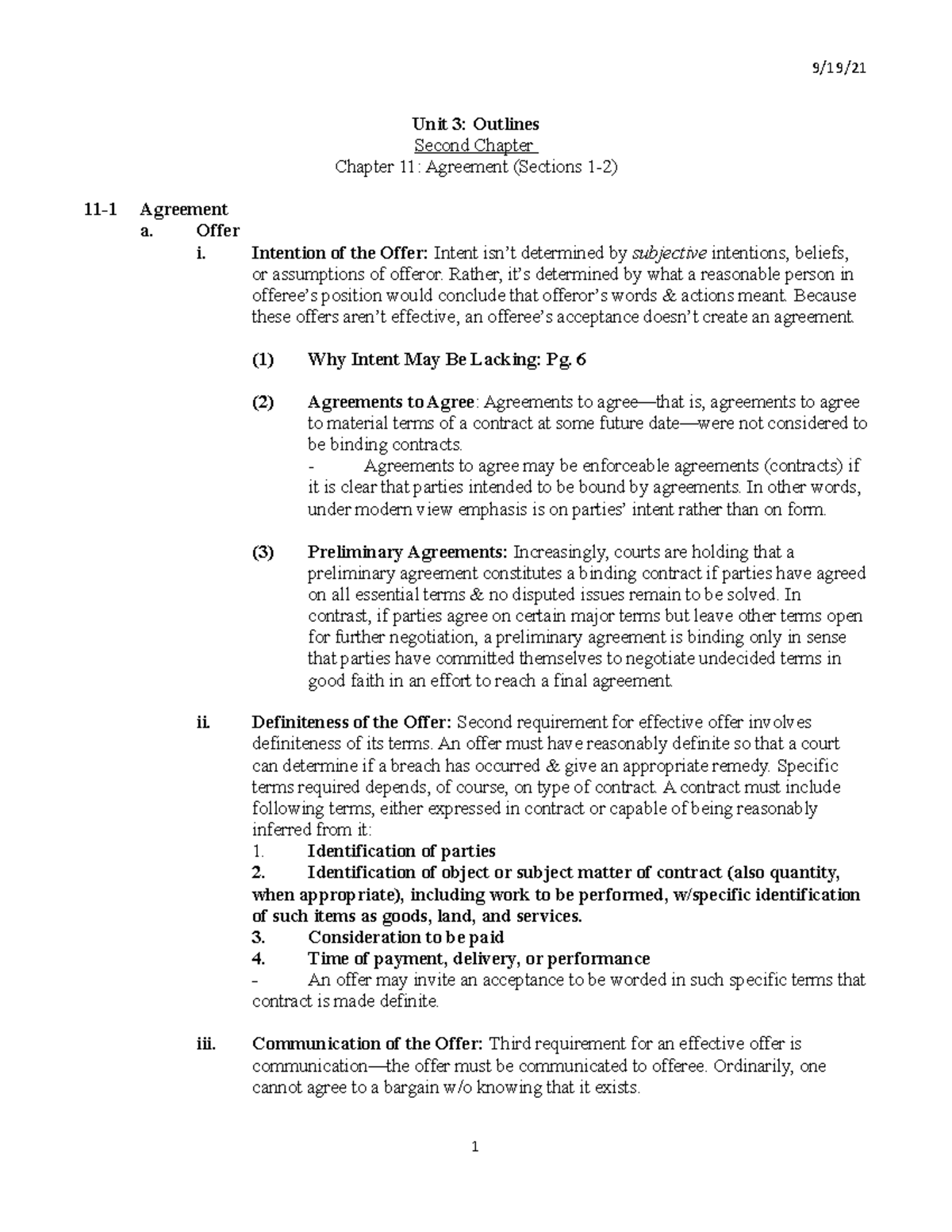 Chapter 11 Agreement (Sections 1-2) - Unit 3: Outlines Second Chapter ...