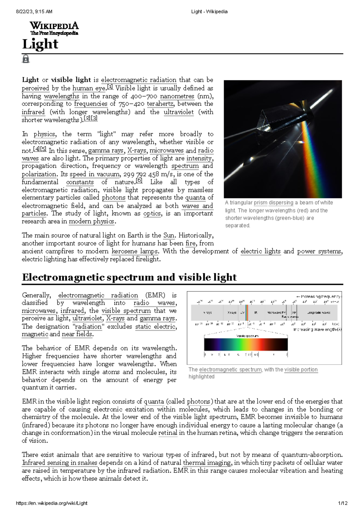 Light - Wikipedia - notes - A triangular prism dispersing a beam of ...