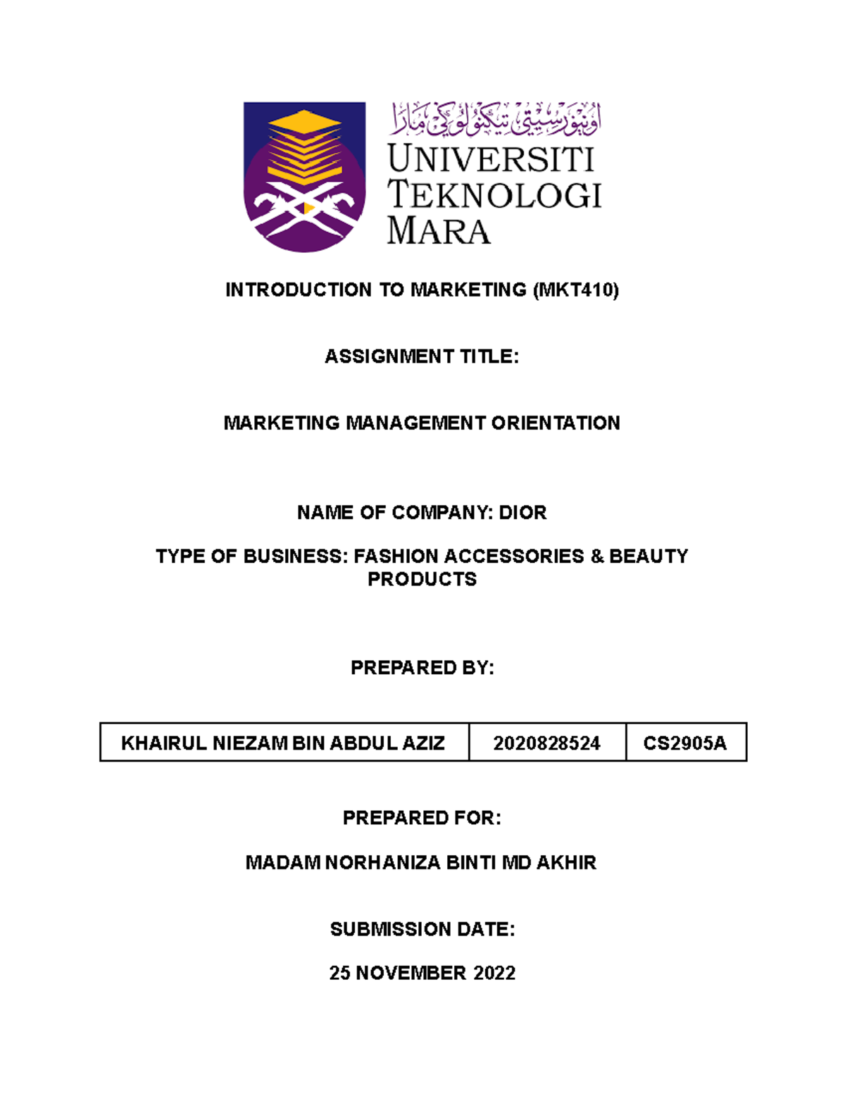 Individual MKT410 - assignment - INTRODUCTION TO MARKETING (MKT410 ...