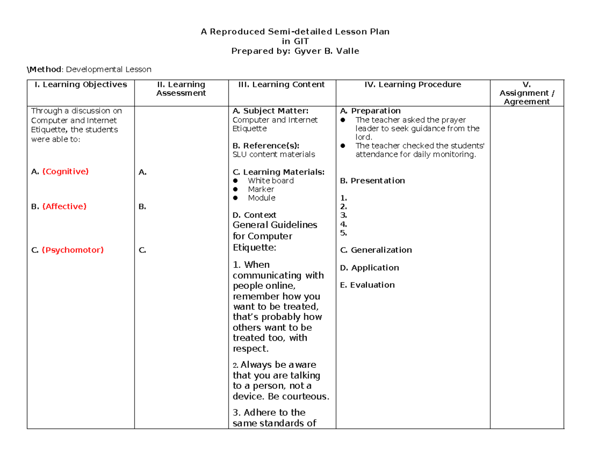 GIT RLP 1 - A Reproduced Semi-detailed Lesson Plan in GIT Prepared by: Gyver B. Valle \Method ...