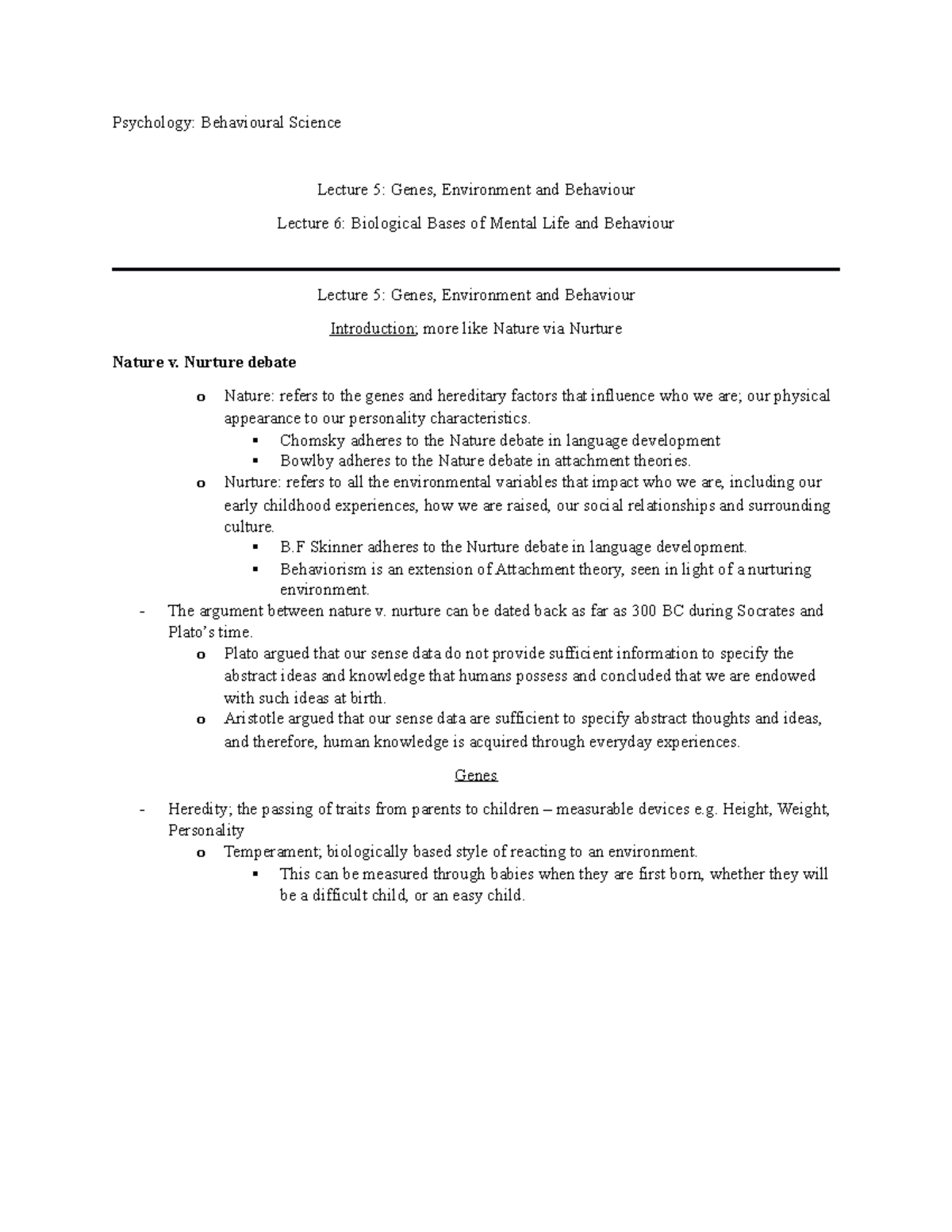 Lecture 5 & 6 - Genes .. & Biological Bases - Psychology: Behavioural ...