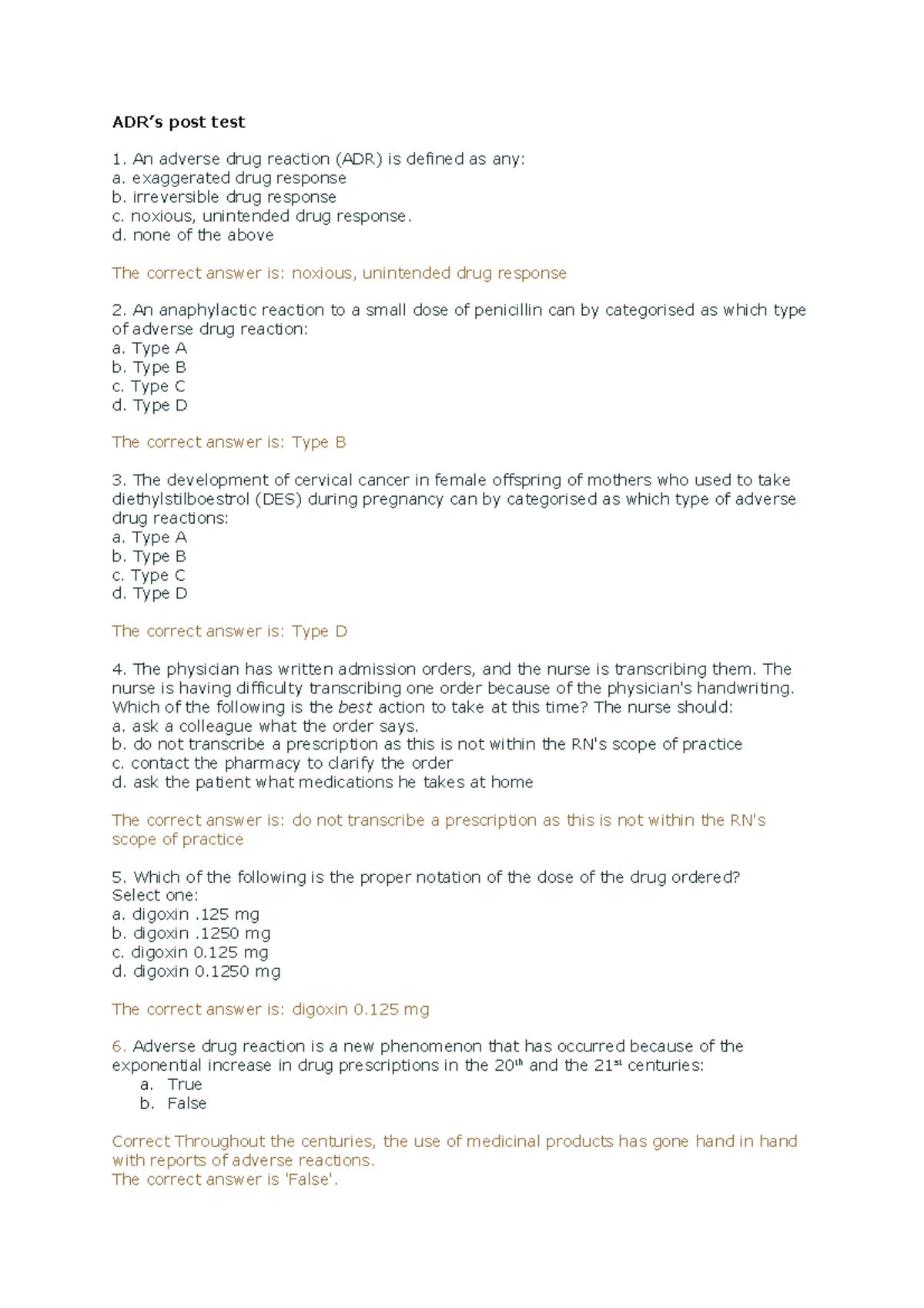 ADR post - post test - ADR’s post test An adverse drug reaction (ADR ...