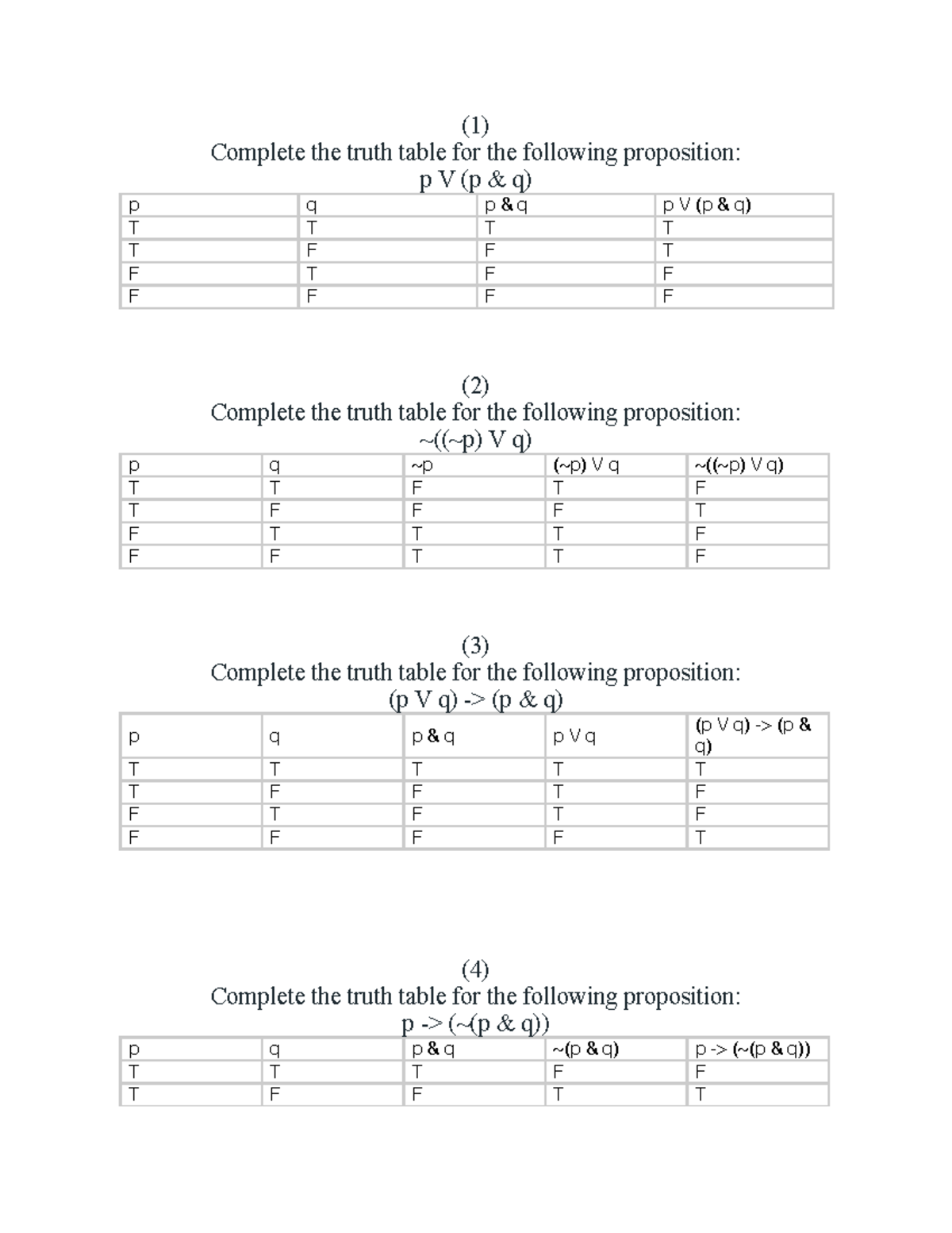 HW 4 - hw detailed - (1) Complete the truth table for the following ...