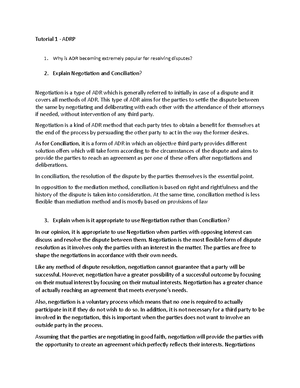 Tutorial 1 Answer - TUTORIAL 1 Q Alternative dispute resolution is a ...