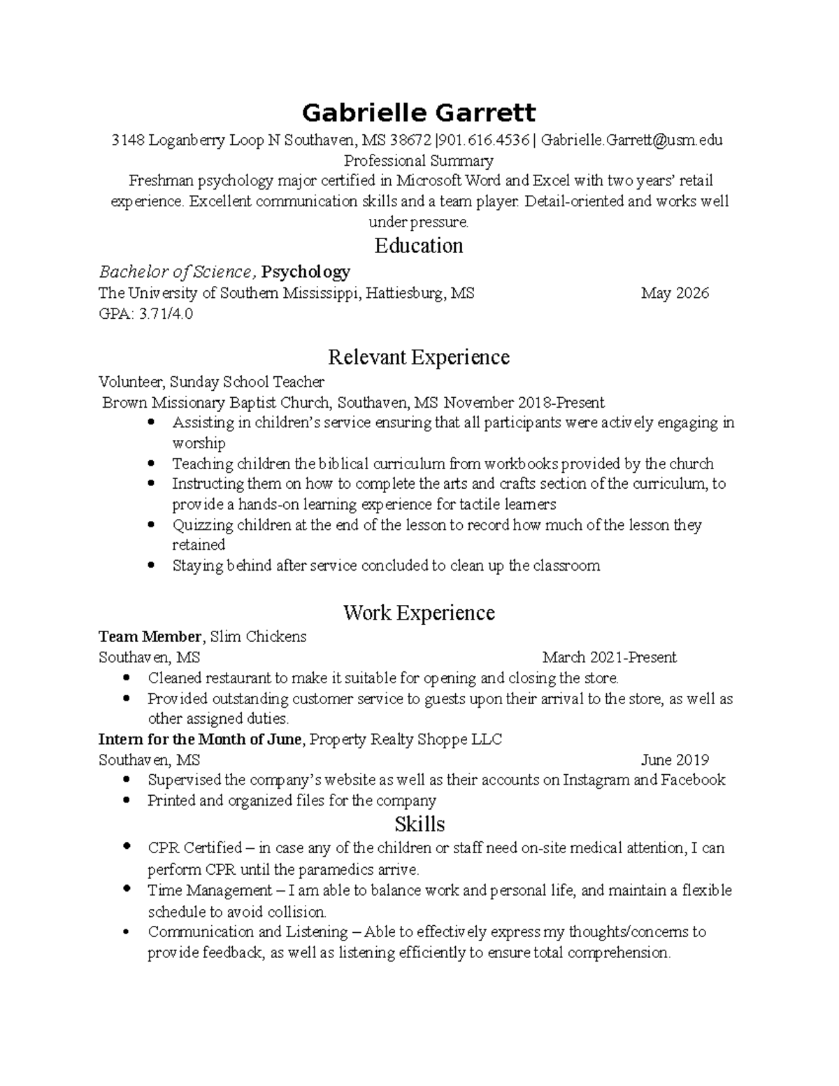 Example Resumé Assignment - Gabrielle Garrett 3148 Loganberry Loop N ...