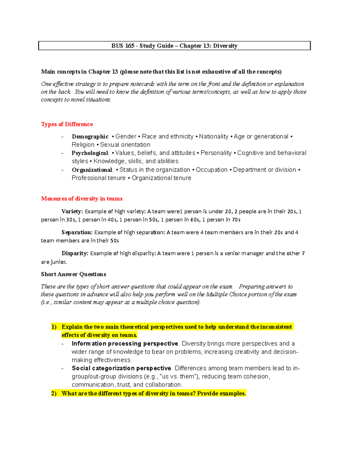Study Guide 165 EXAM 3 - BUS 165 - Study Guide – Chapter 13: Diversity Main concepts in Chapter ...