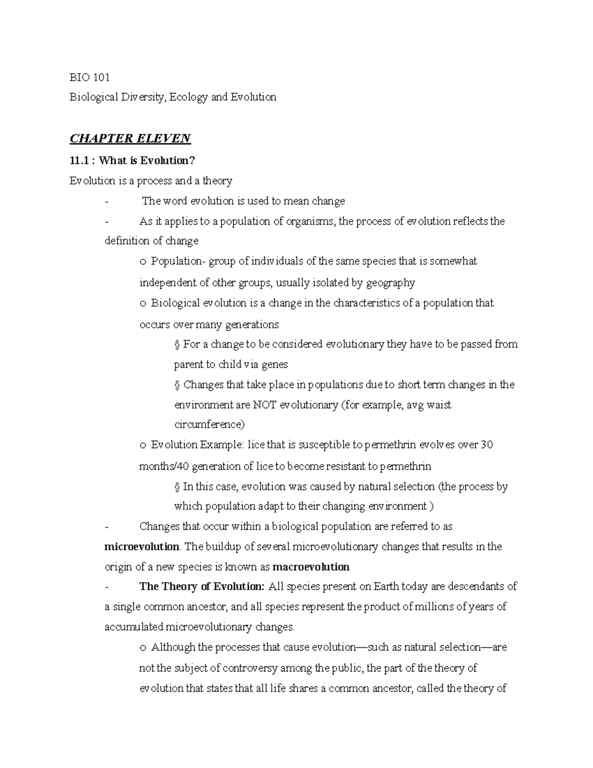 BIO 101 Notes CH11 - BIO 101 Biological Diversity, Ecology and ...