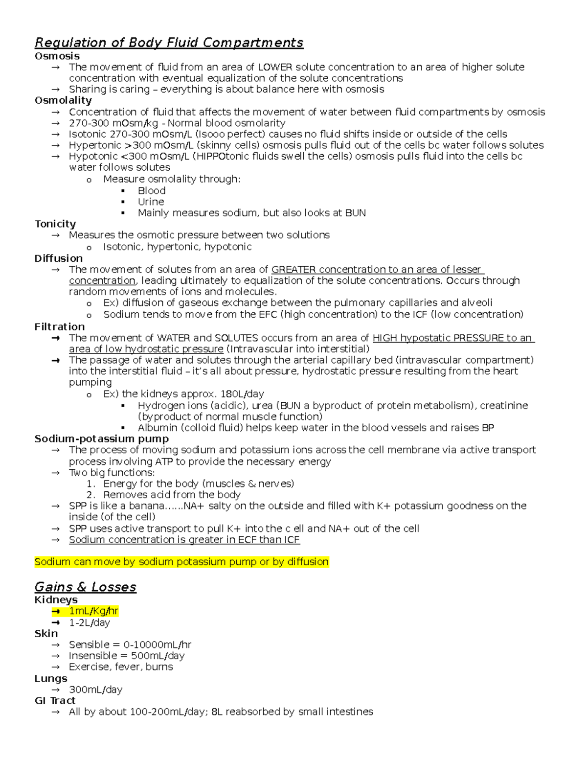 F&E Notes fluids and electrolytes - Regulation of Body Fluid ...