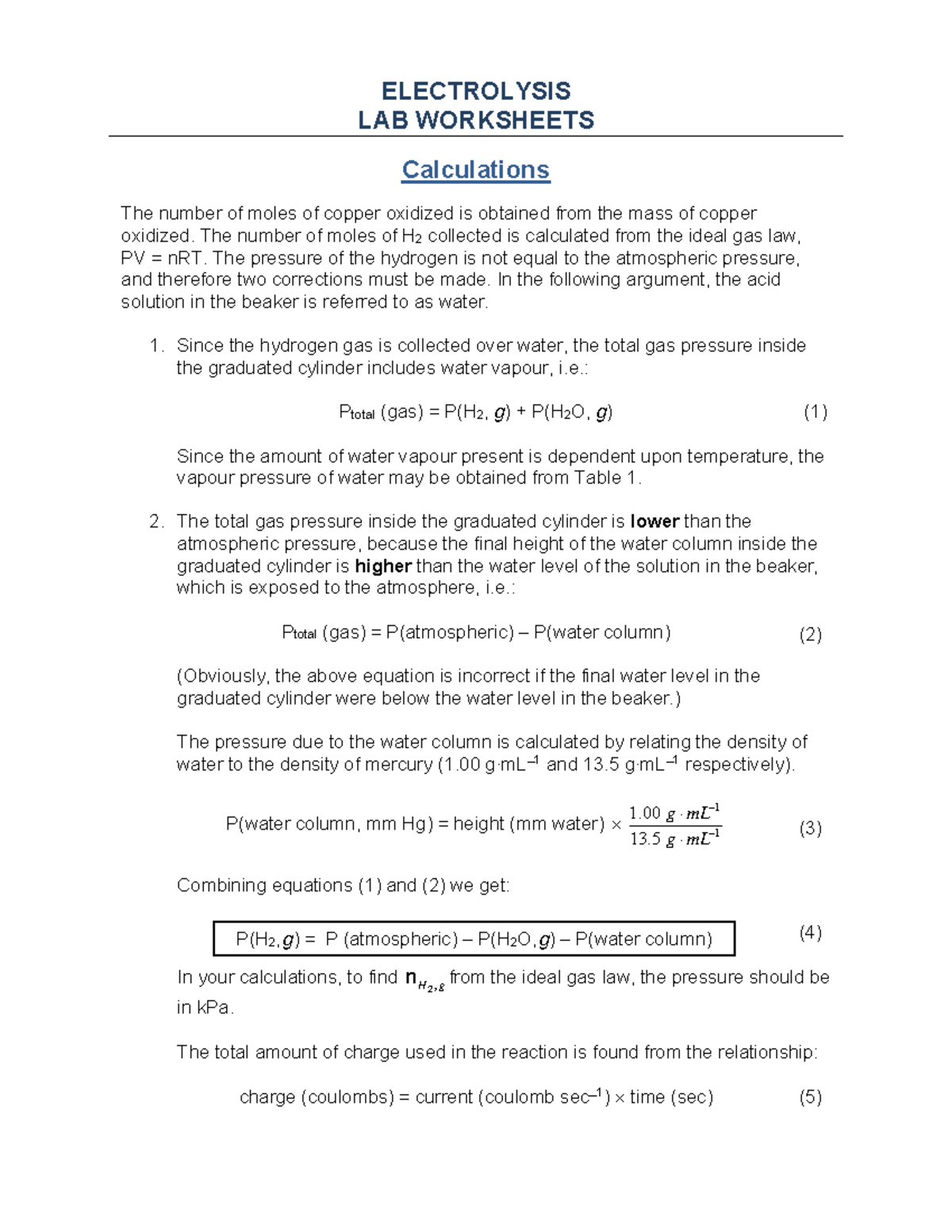 Module C: Electrolysis Laboratory Worksheets - LAB WORKSHEETS ...