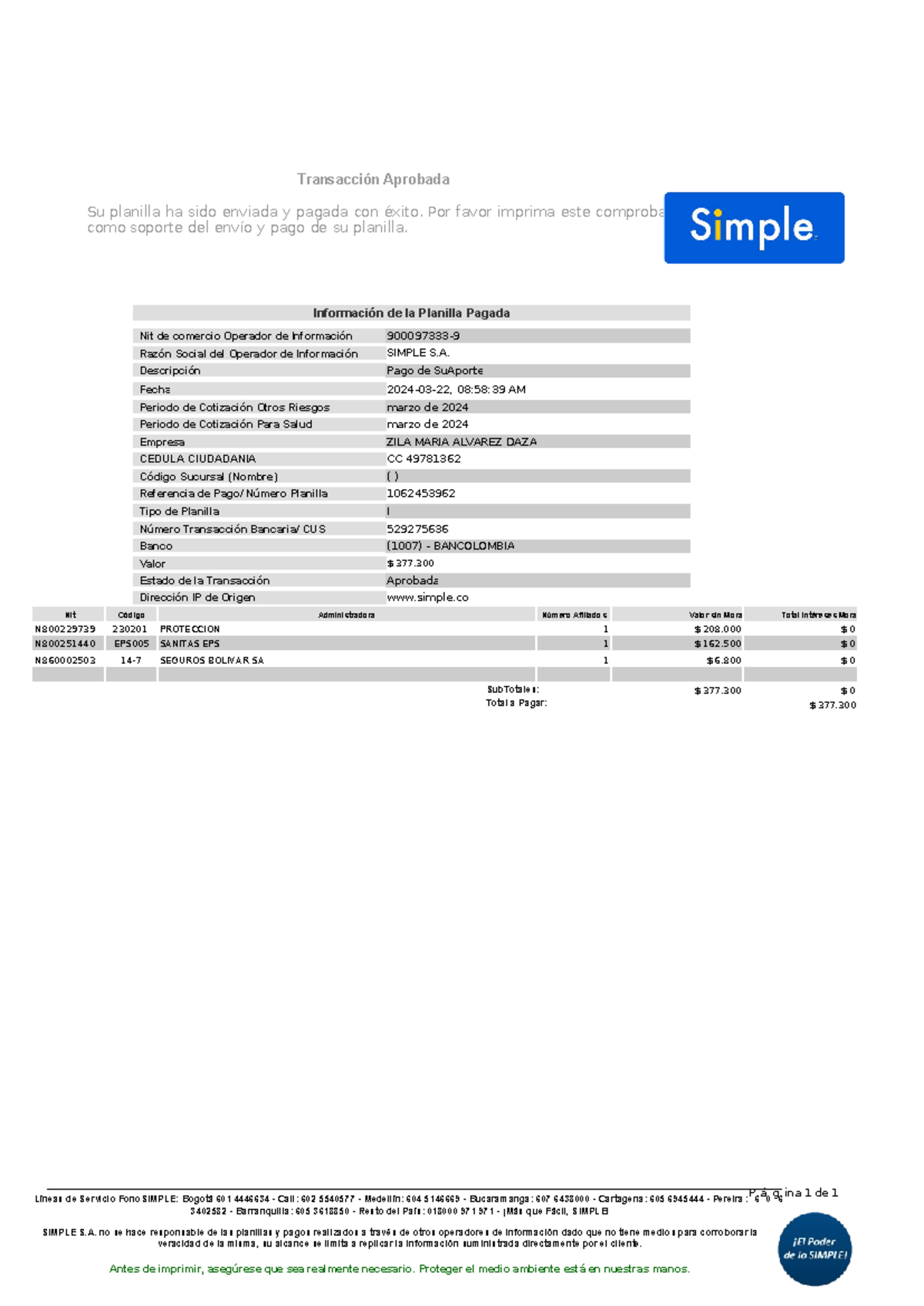 Comprobante Pago CC49781362 1062453962 - Transacción Aprobada Su ...