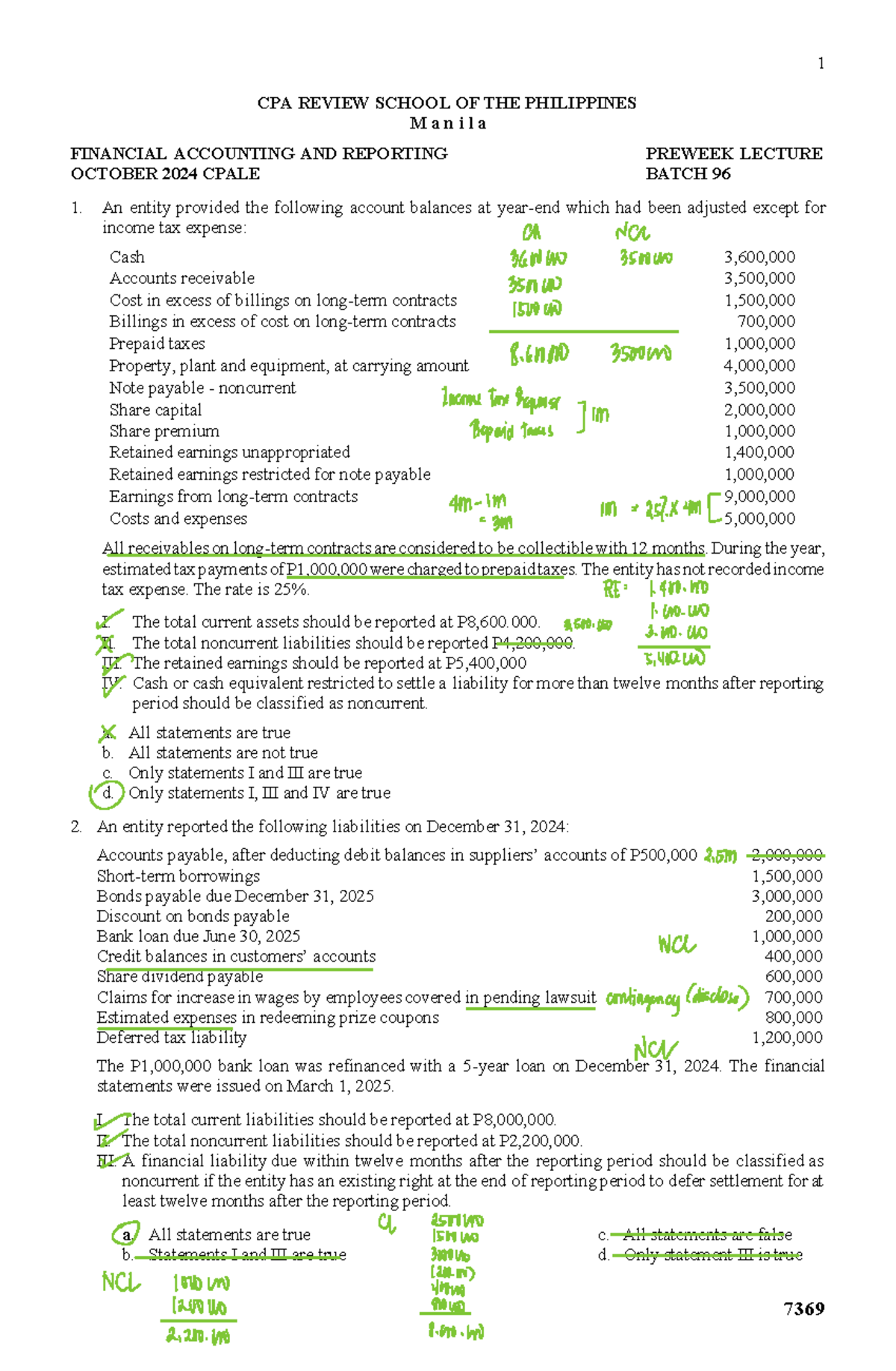 7369 - FAR Preweek Problem - 7369 CPA REVIEW SCHOOL OF THE PHILIPPINES M a n i l a FINANCIAL ...