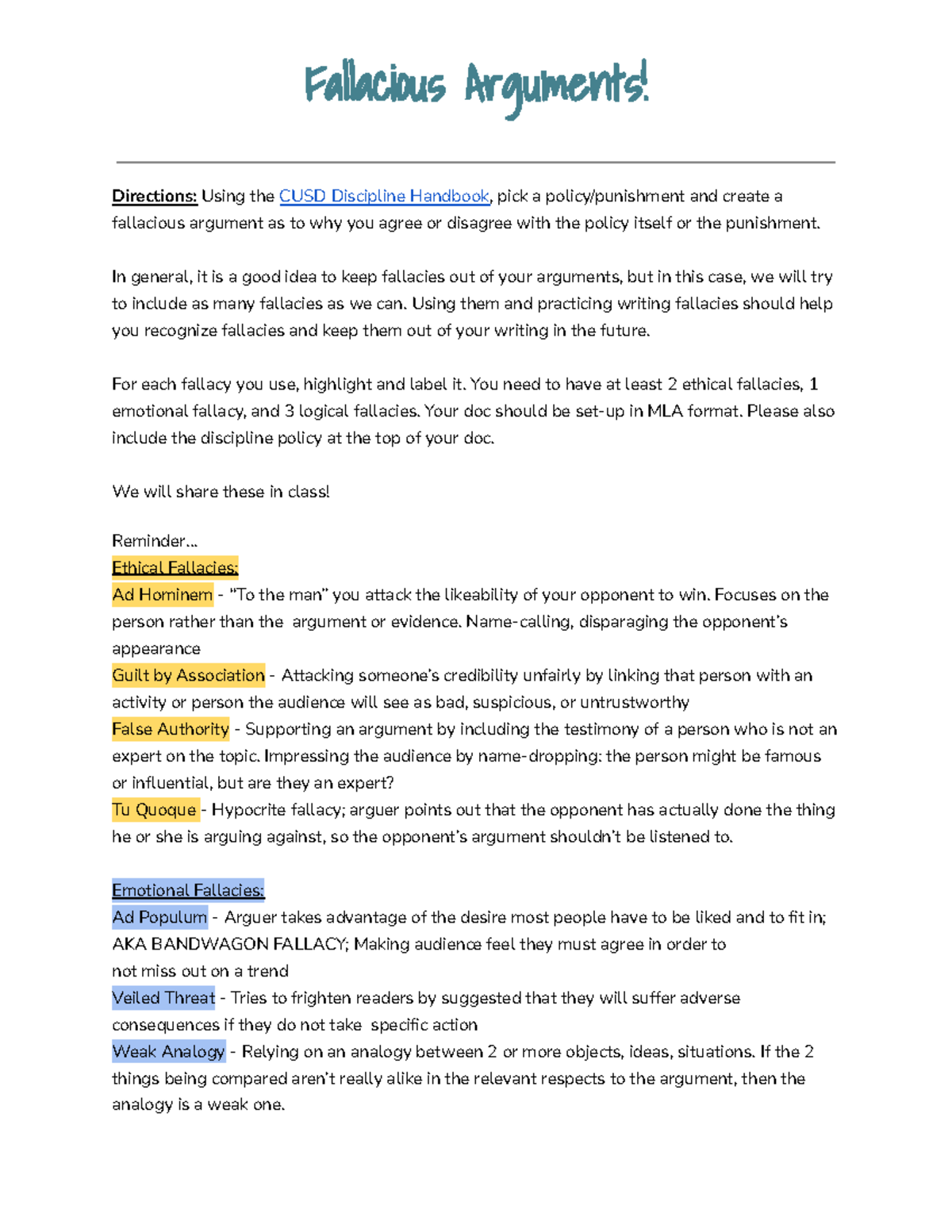 Fallacious Discipline Argument - Fallacious Arguments! Directions: Using the CUSD Discipline ...