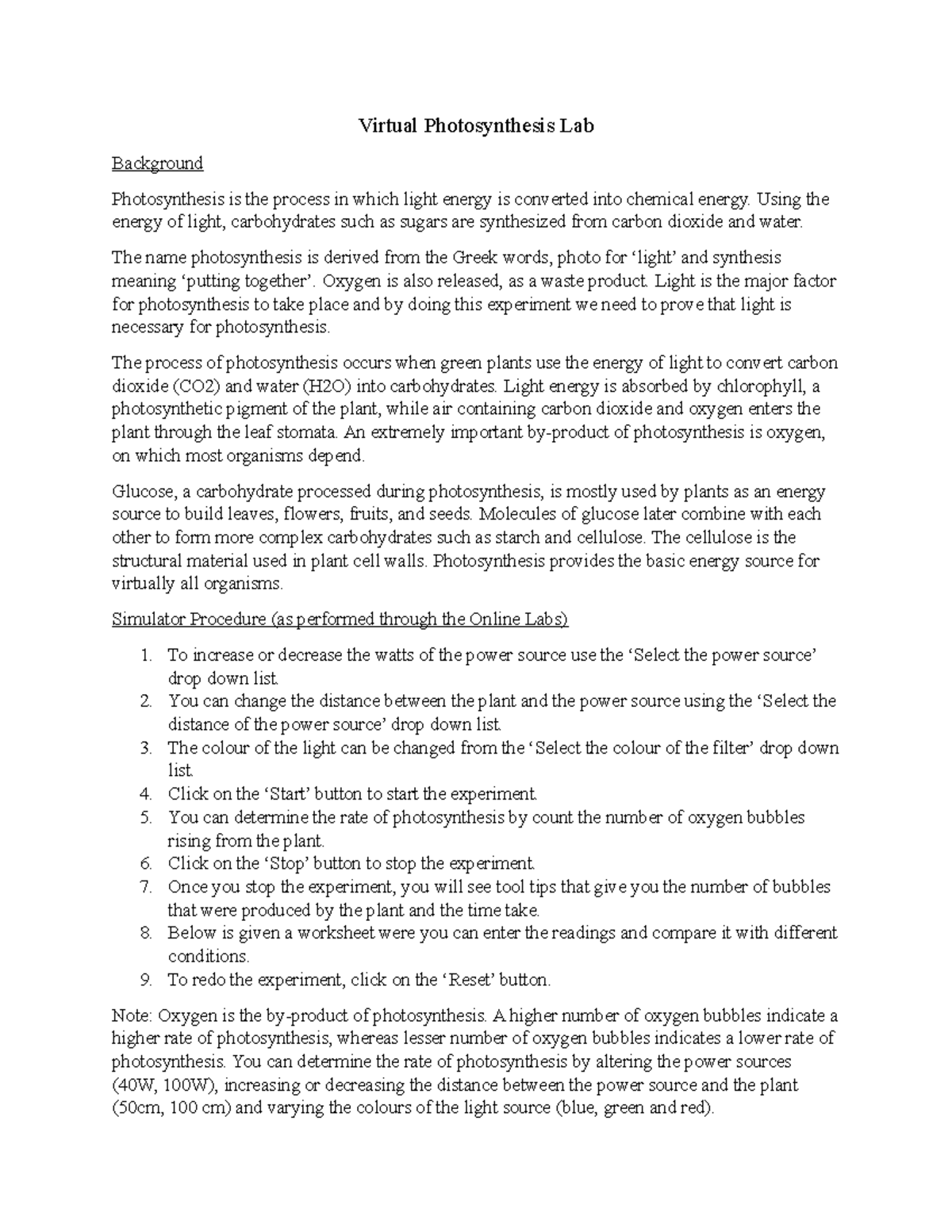 Virtual+Photosynthesis+Lab - Virtual Photosynthesis Lab Background ...