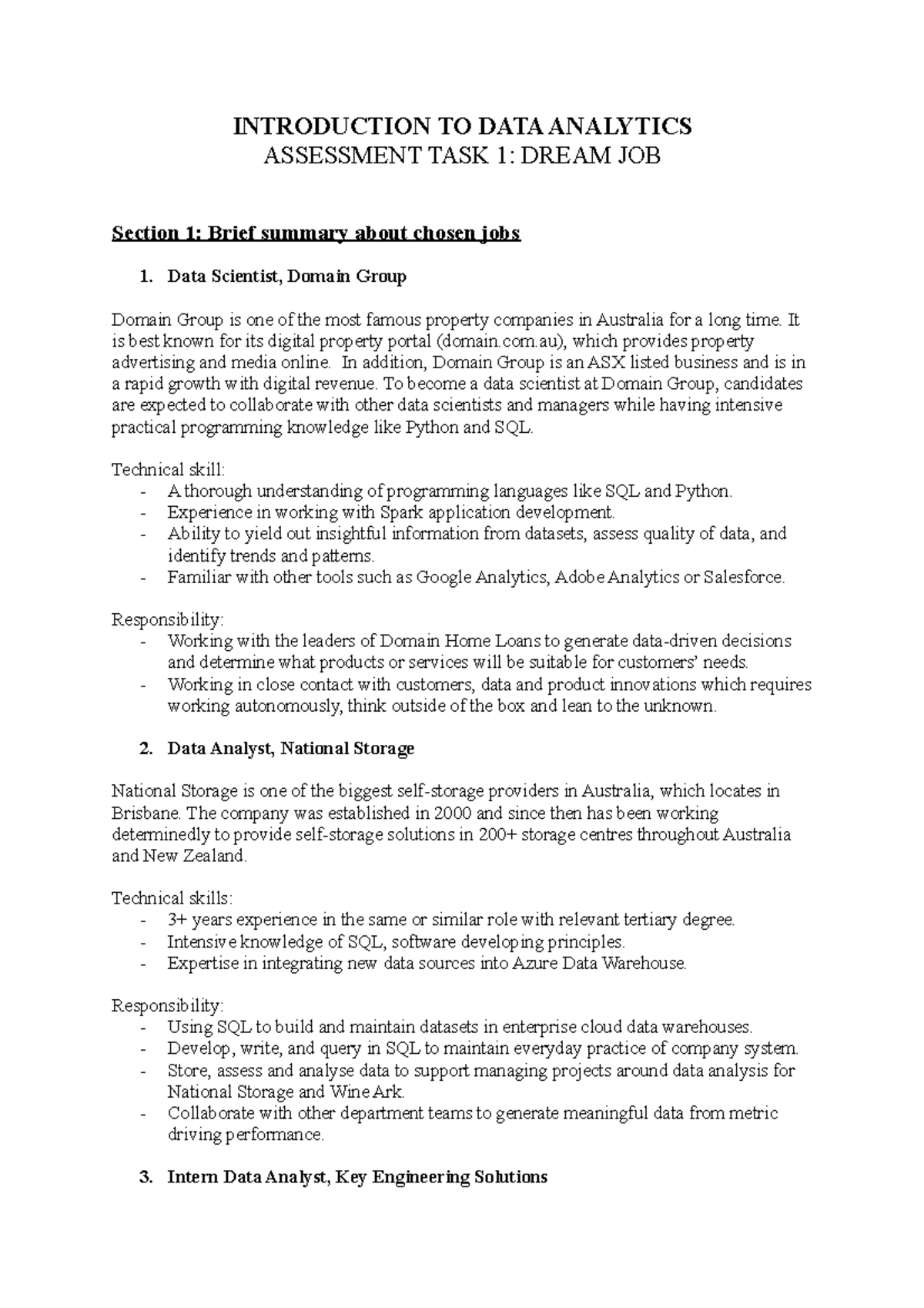 Assignment 1_HD mark - INTRODUCTION TO DATA ANALYTICS ASSESSMENT TASK 1 ...