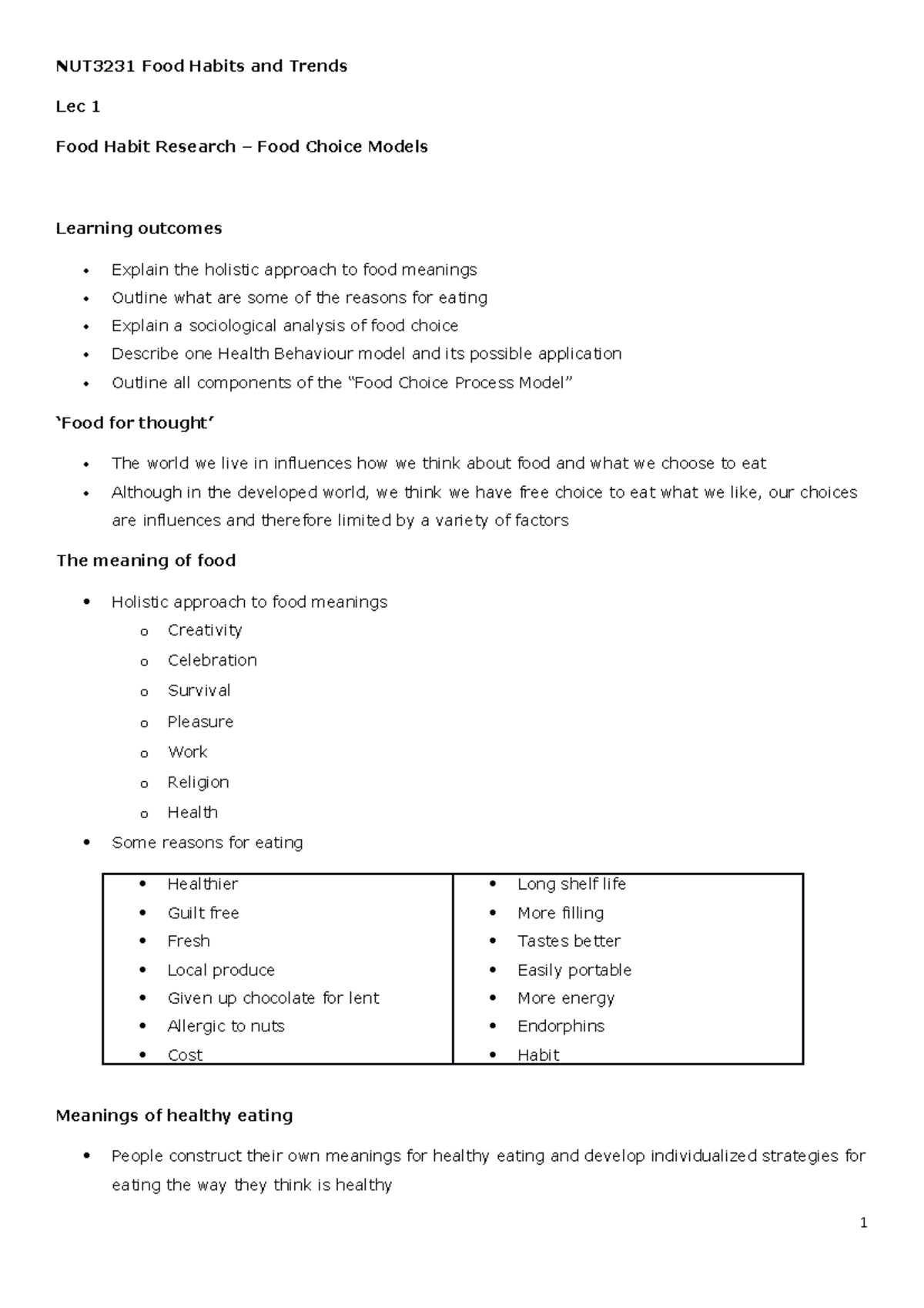 NUT3231 Food Habits and Trends - Current meanings, feelings, values and ...