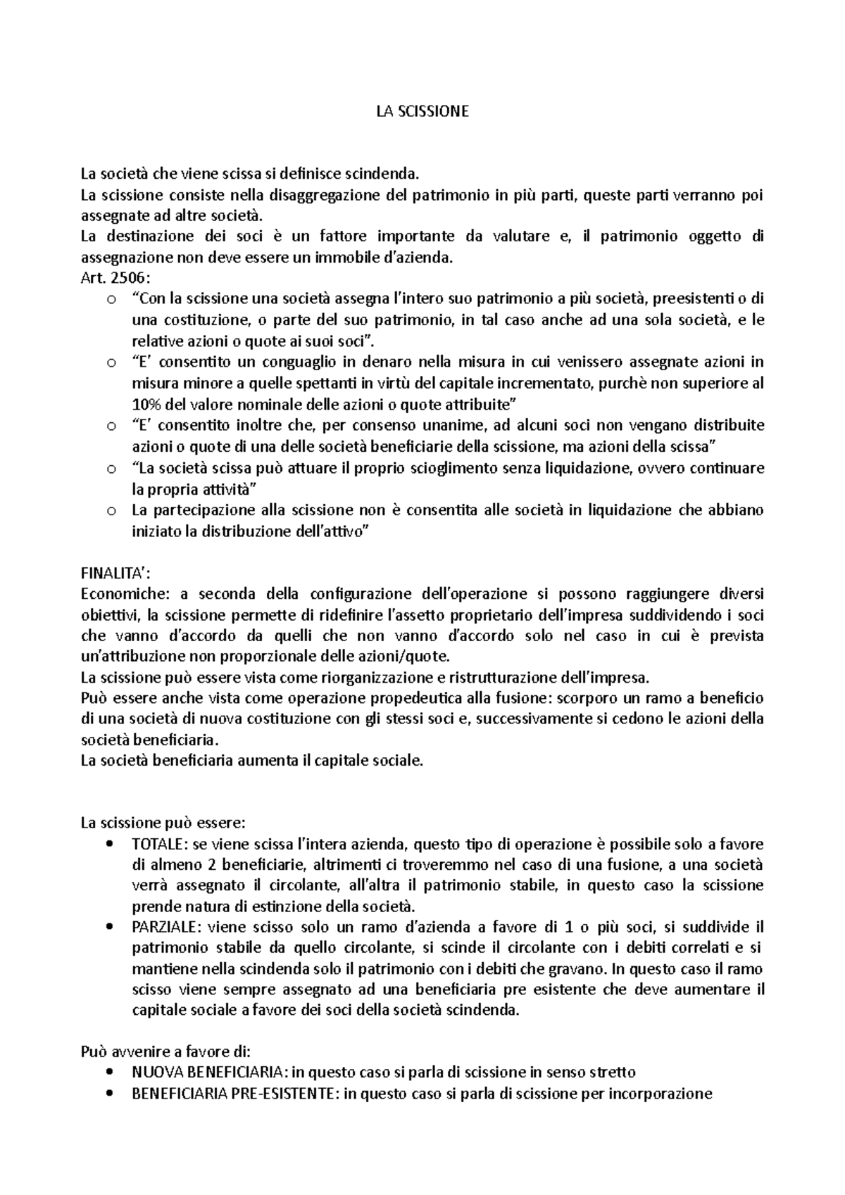 La Scissione, incipit sull'operazione - LA SCISSIONE La società che ...