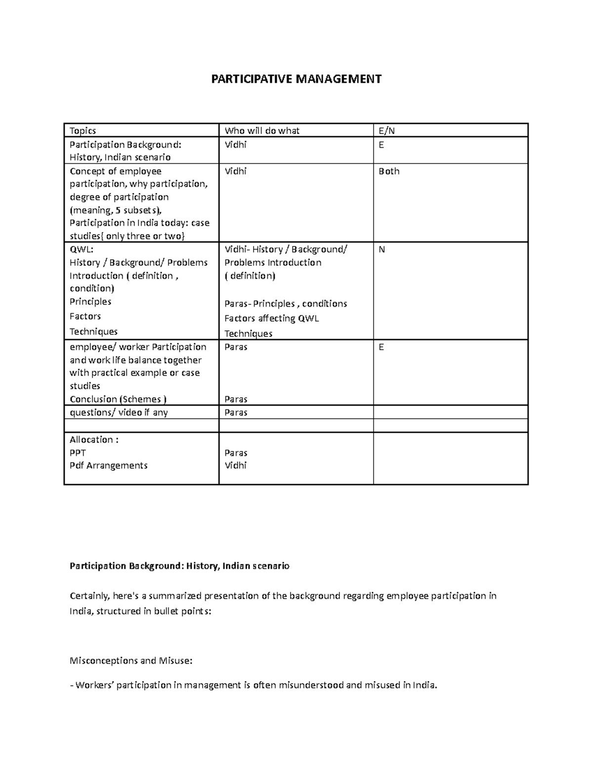 Participative management - PARTICIPATIVE MANAGEMENT Topics Who will do ...