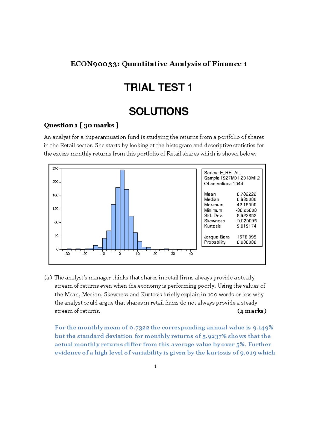 TEST 1 15 April 2019, questions and answers - ECON90033: Quantitative ...