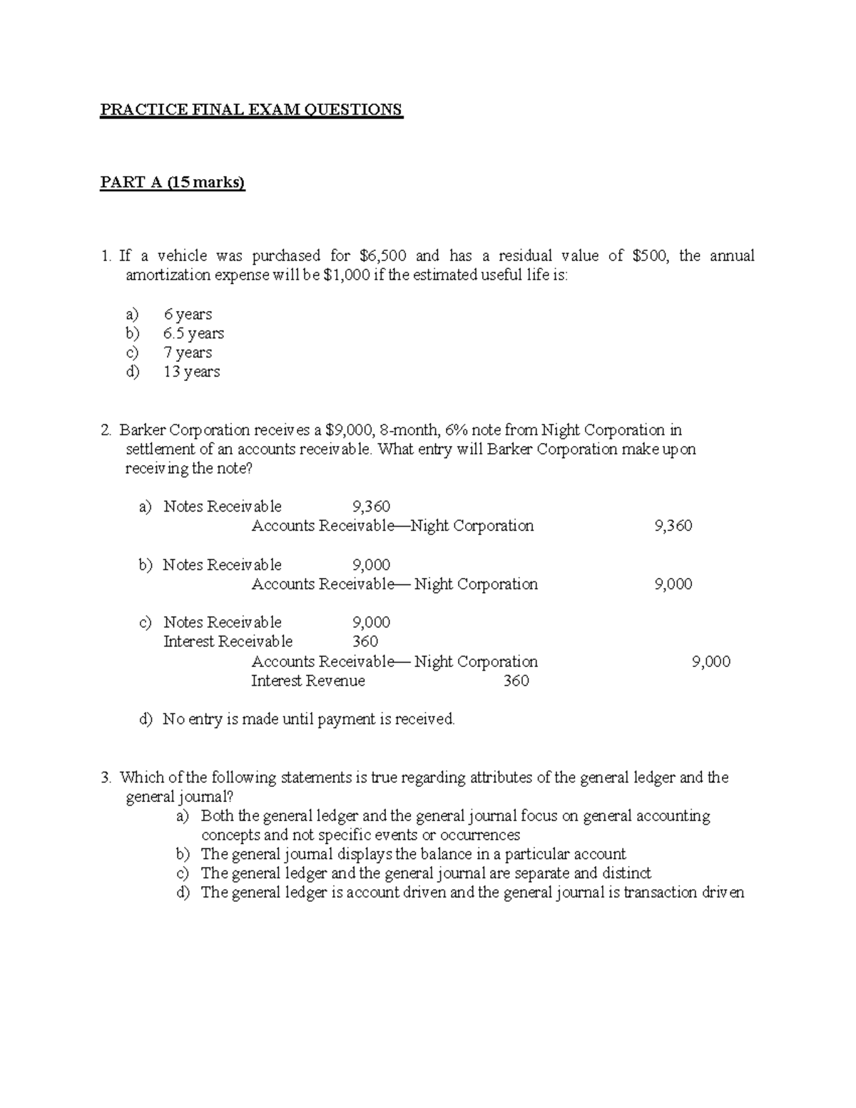 Final Exam Practice - PRACTICE FINAL EXAM QUESTIONS PART A (1 5 marks ...