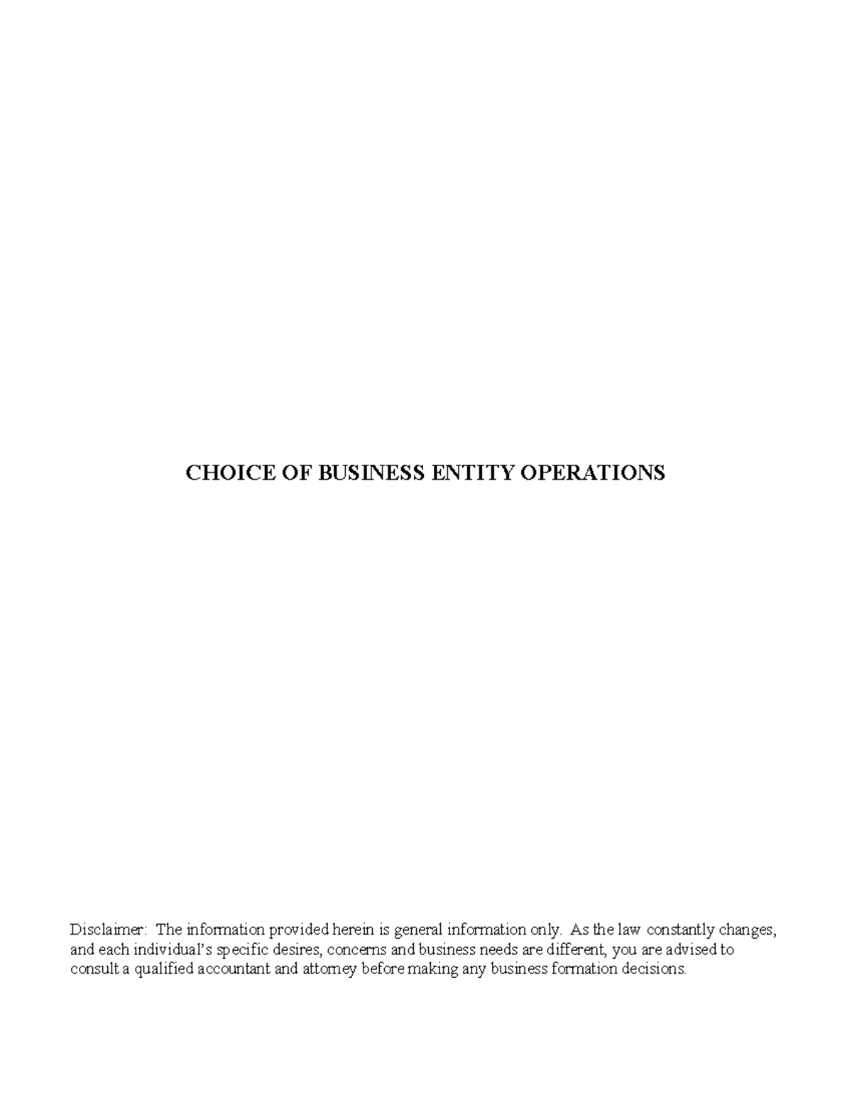 Choice OF Business Entity Operations - CHOICE OF BUSINESS ENTITY ...