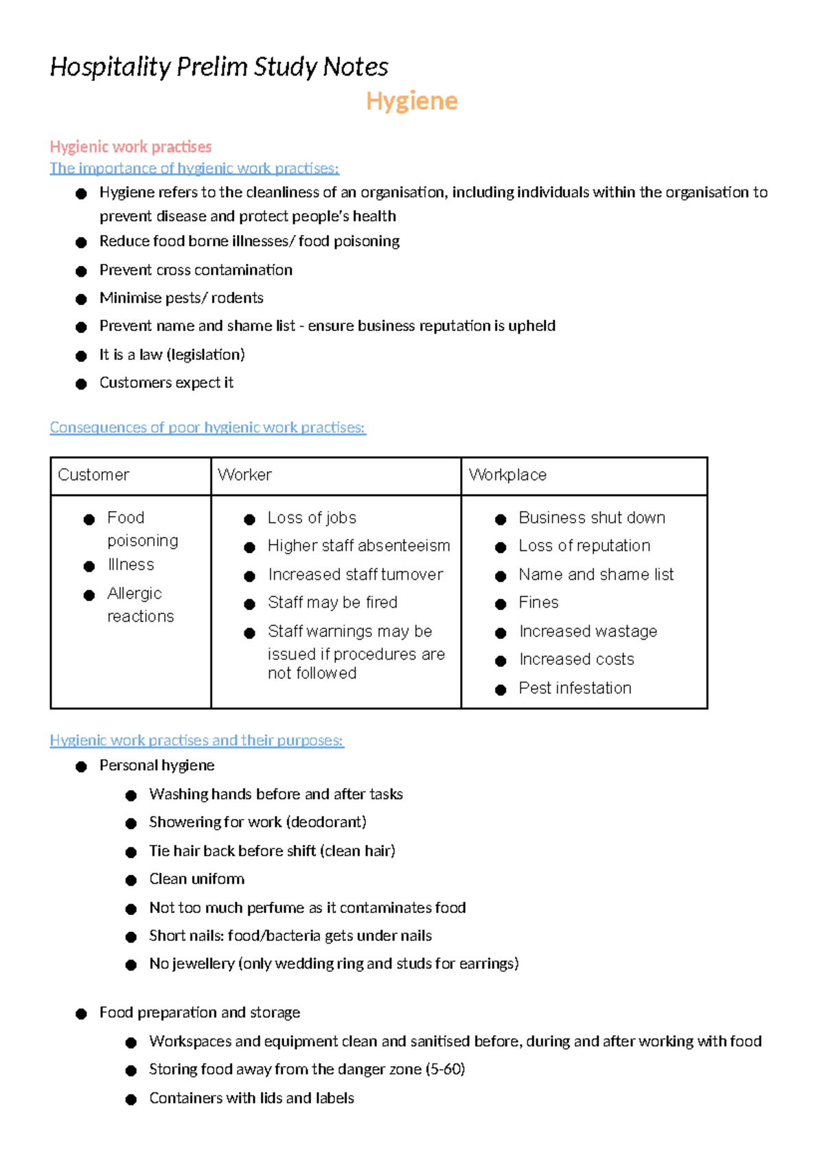 Hospo Prelim Notes - Hygiene Hygienic work practises The importance of ...