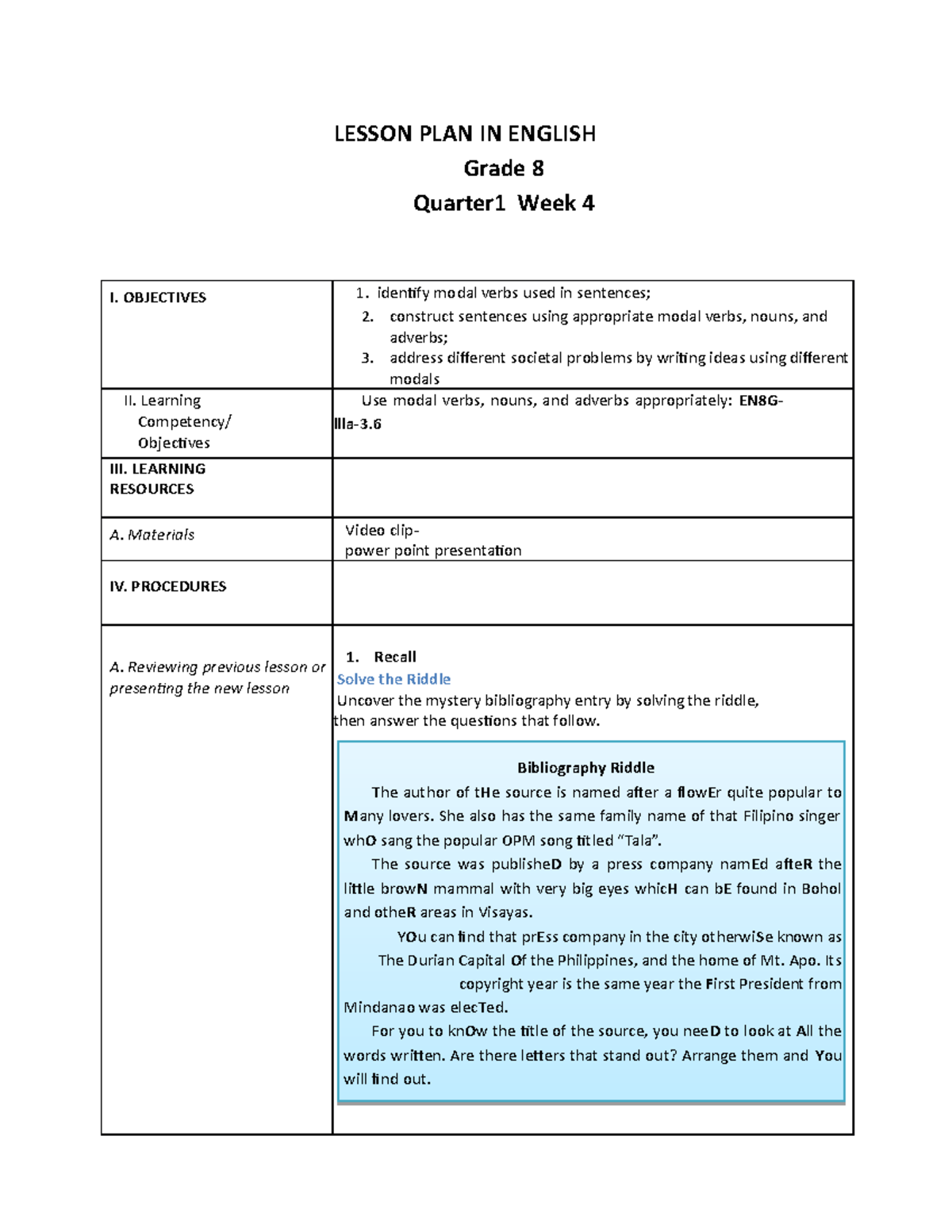 Lesson PLAN -Q1M3- m ODAL Verbs - LESSON PLAN IN ENGLISH Grade 8 ...