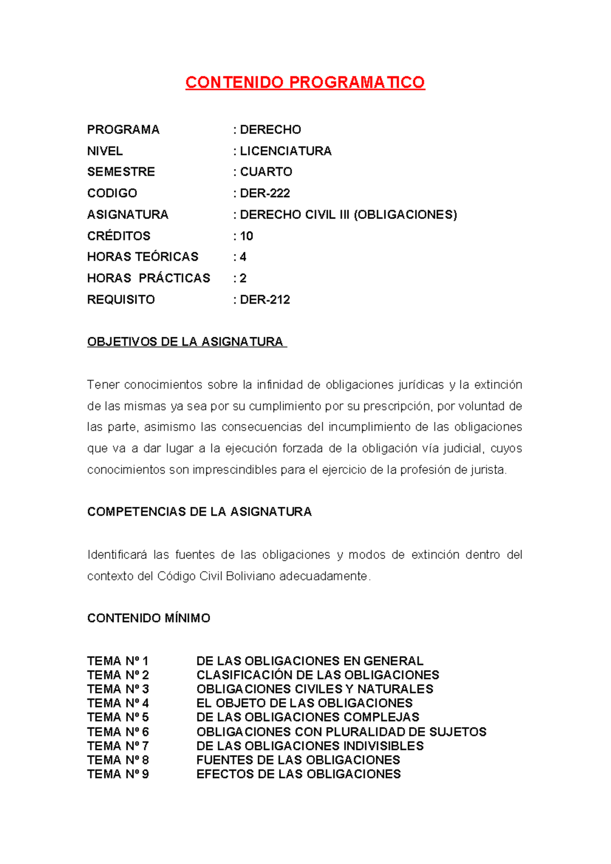 Contenido Programatico Obligaciones - CONTENIDO PROGRAMATICO PROGRAMA : DERECHO NIVEL ...