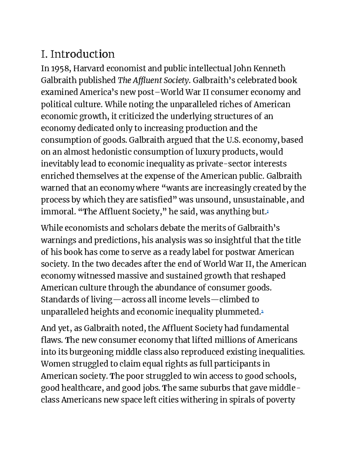 The Affluent Society - Notes - I. Introduction In 1958, Harvard ...