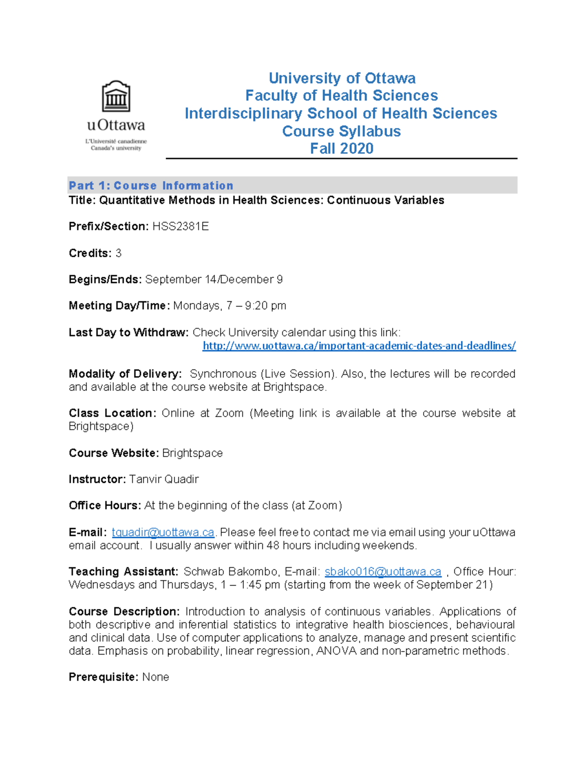 HSS2381 E - Tanvir Quadir - F20 - University of Ottawa Faculty of ...