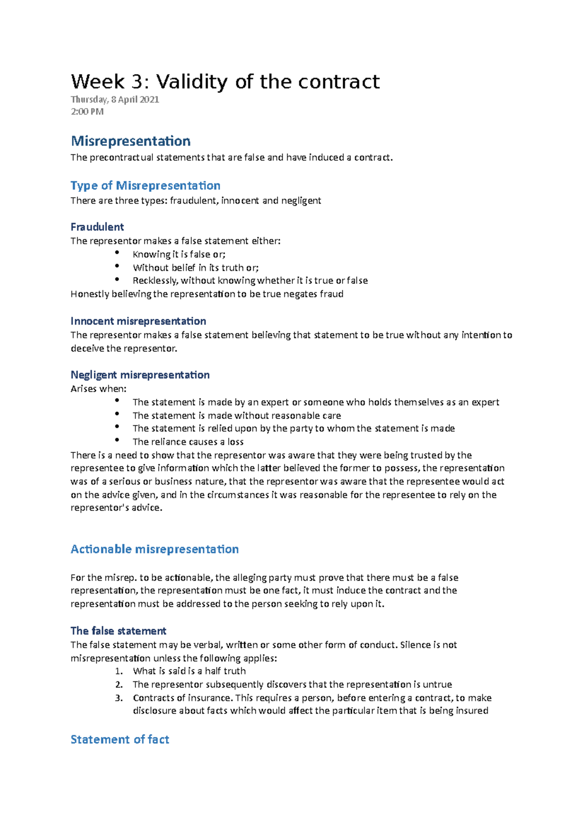 Week 3 Validity of the contract - Week 3: Validity of the contract ...