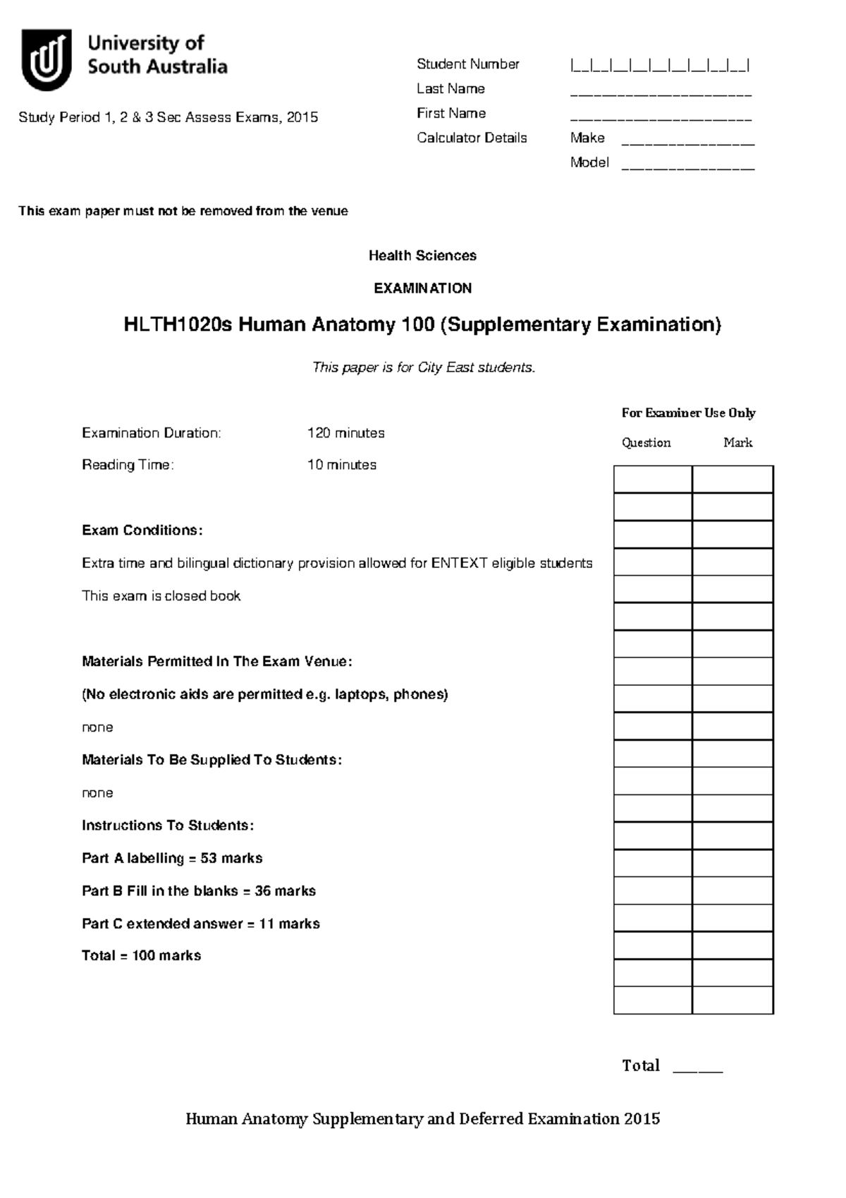 Supplementary exam 2015 - Study Period 1, 2 3 Sec Assess Exams, 2015 ...