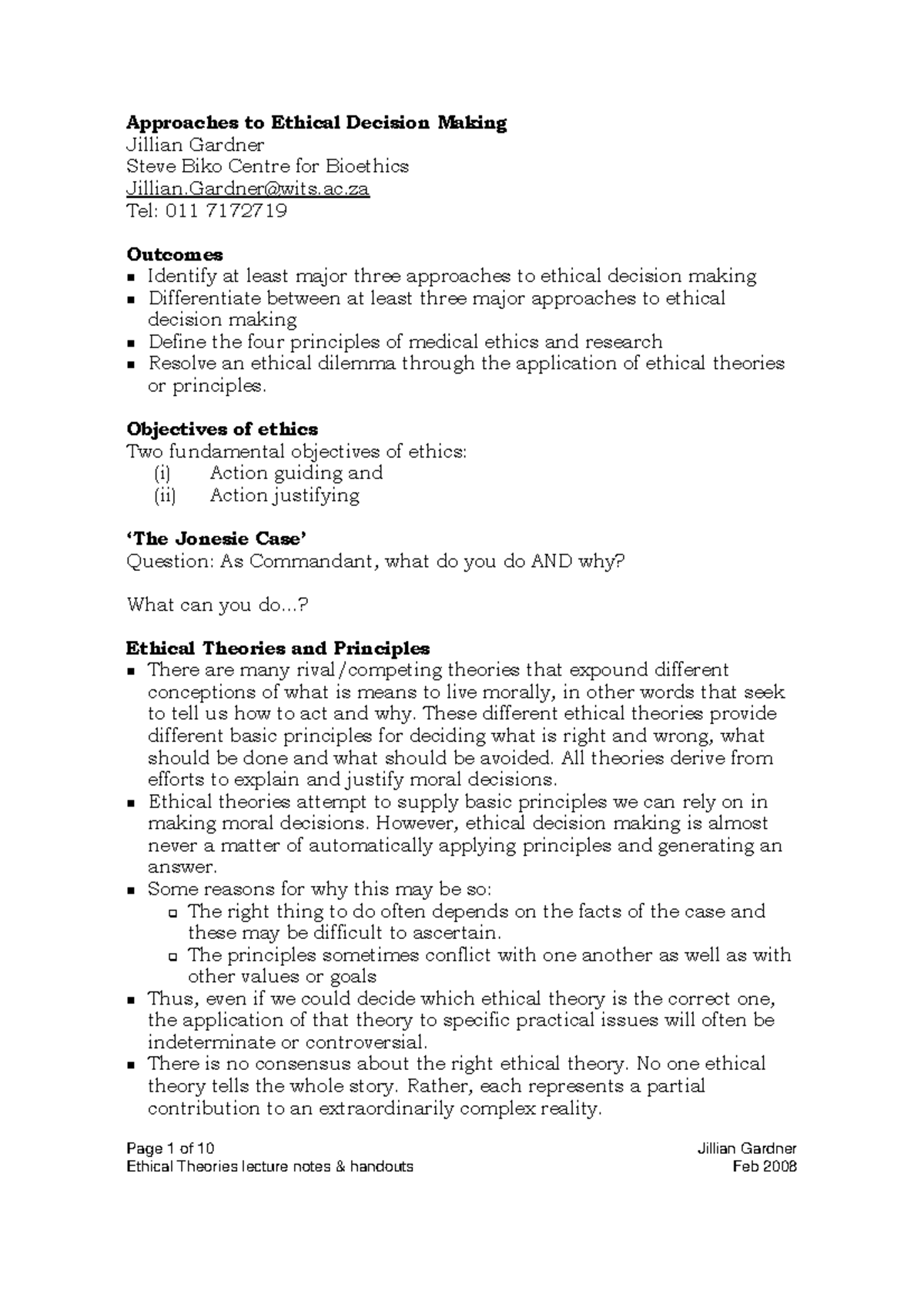 Ethics Lecture Notes - Page 1 of 10 Jillian Gardner Approaches to ...