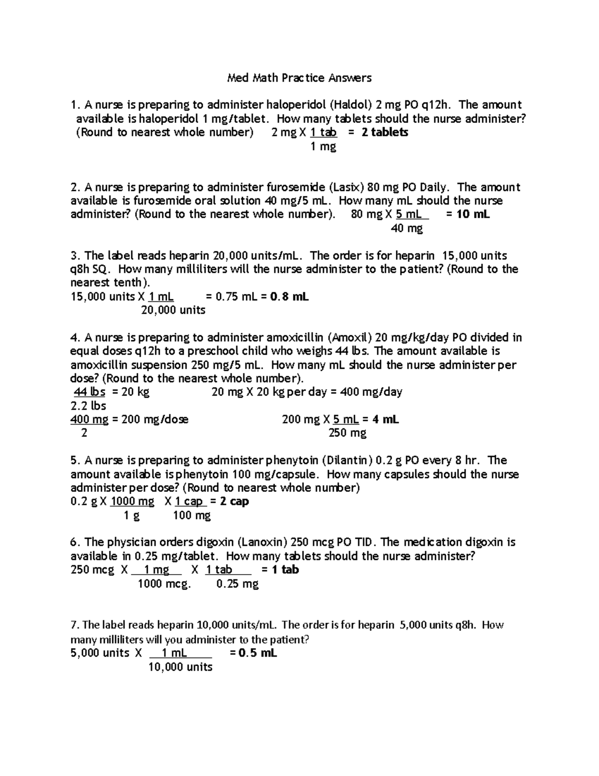 Med Math Practice Answers The Amount Available Is Haloperidol 1 Mg