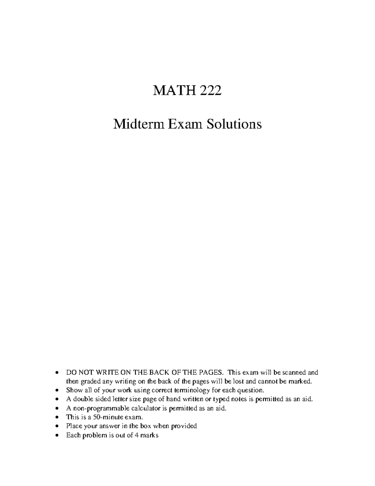 Math 111 midterm - MATH 222 Midterm Exam Solutions DO NOT WRITE ON THE ...