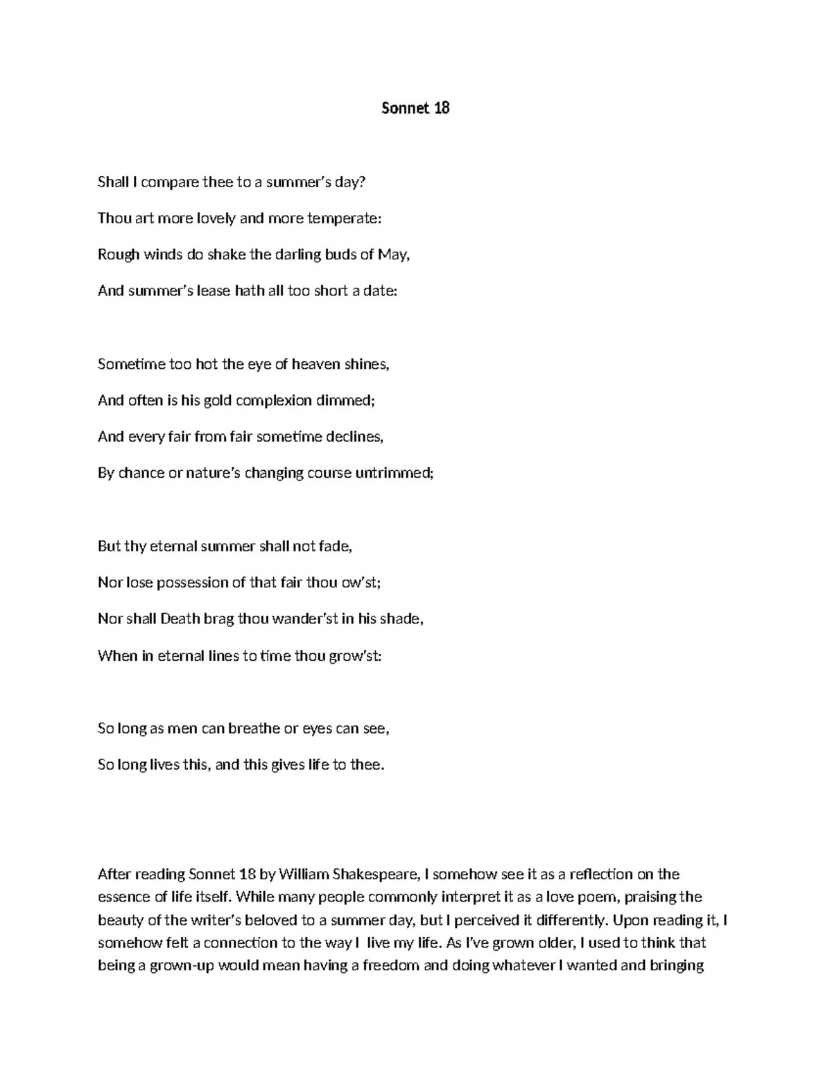 Sonnet 18 - Sonnet 18 Shall I compare thee to a summer's day? Thou art ...